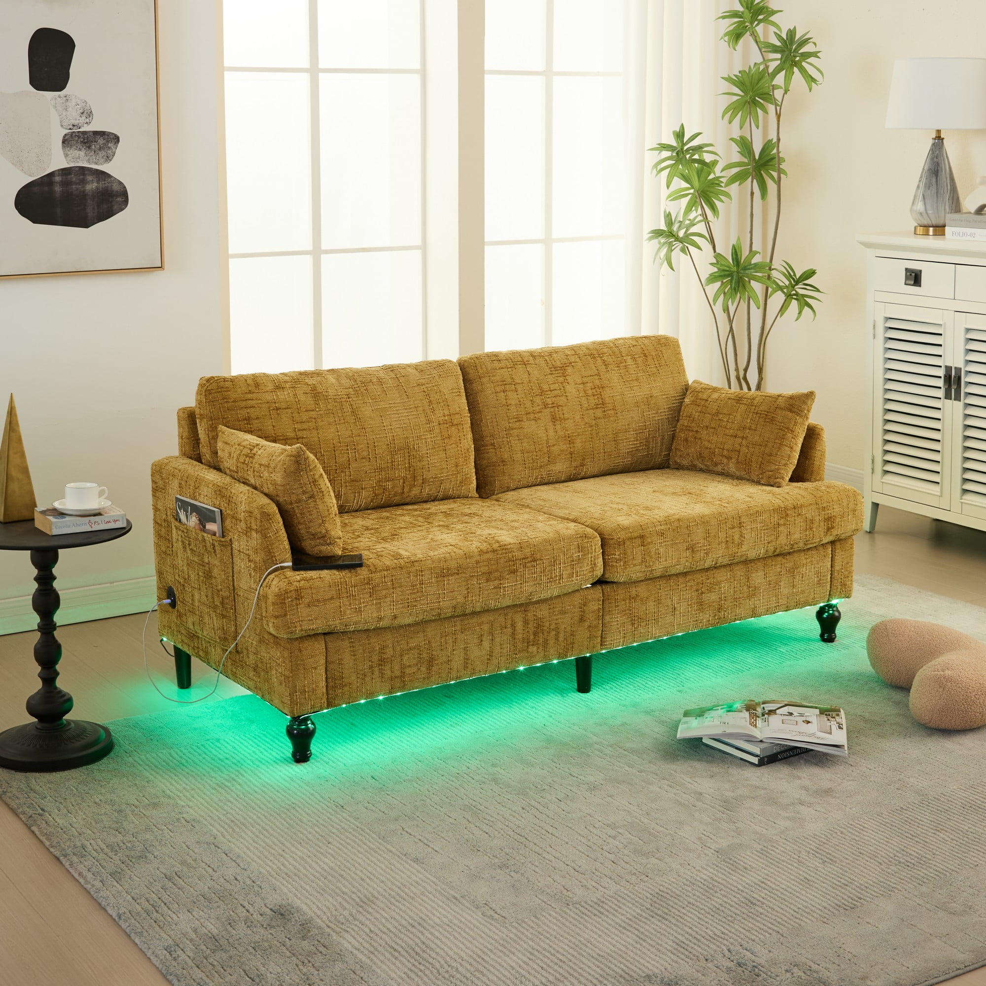 Modern Style Chenille 2-Seater Wood-Legged Sofa with Led Light, Usb ...