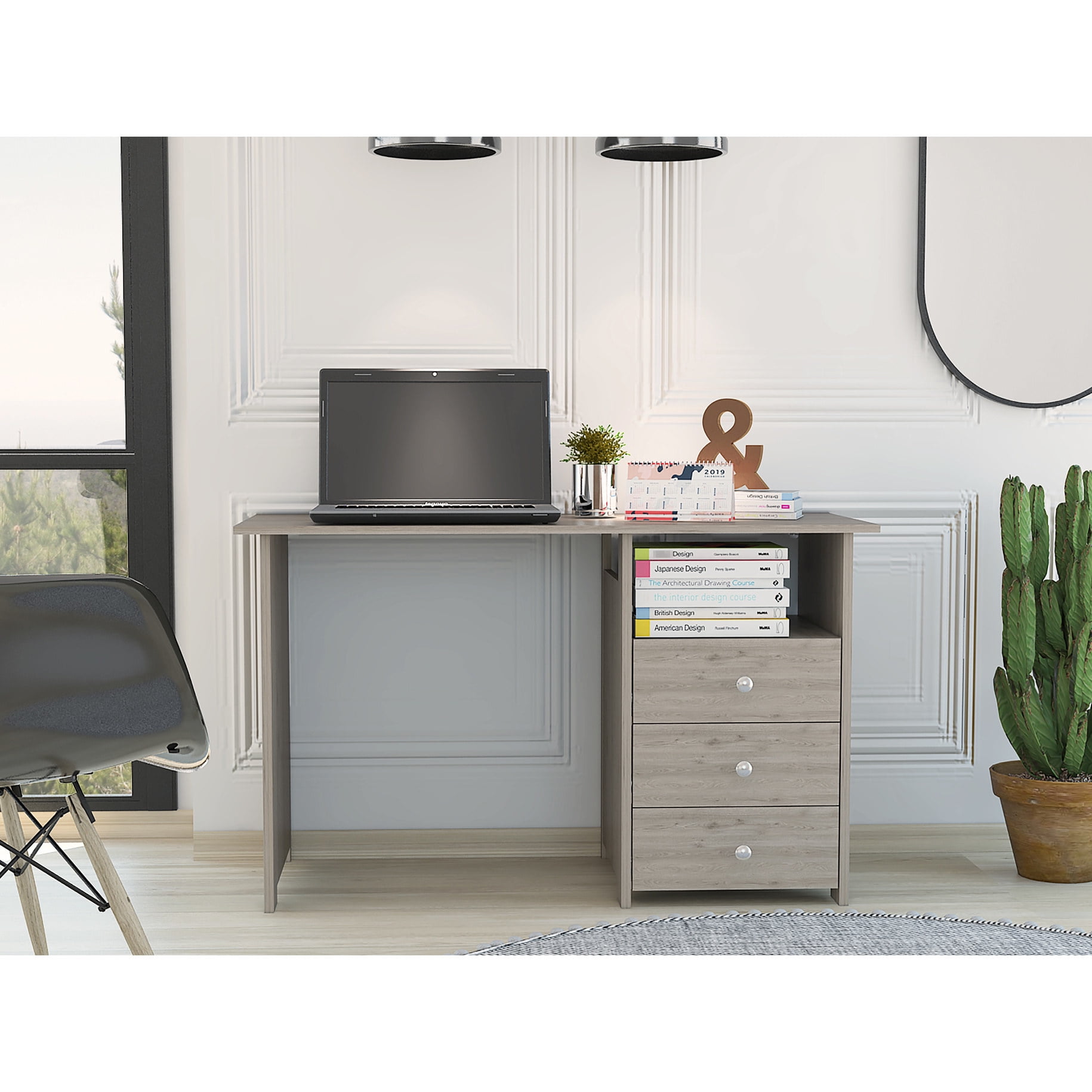 Modern Style Computer Desk | Three Drawers and Open Cubby in Office ...