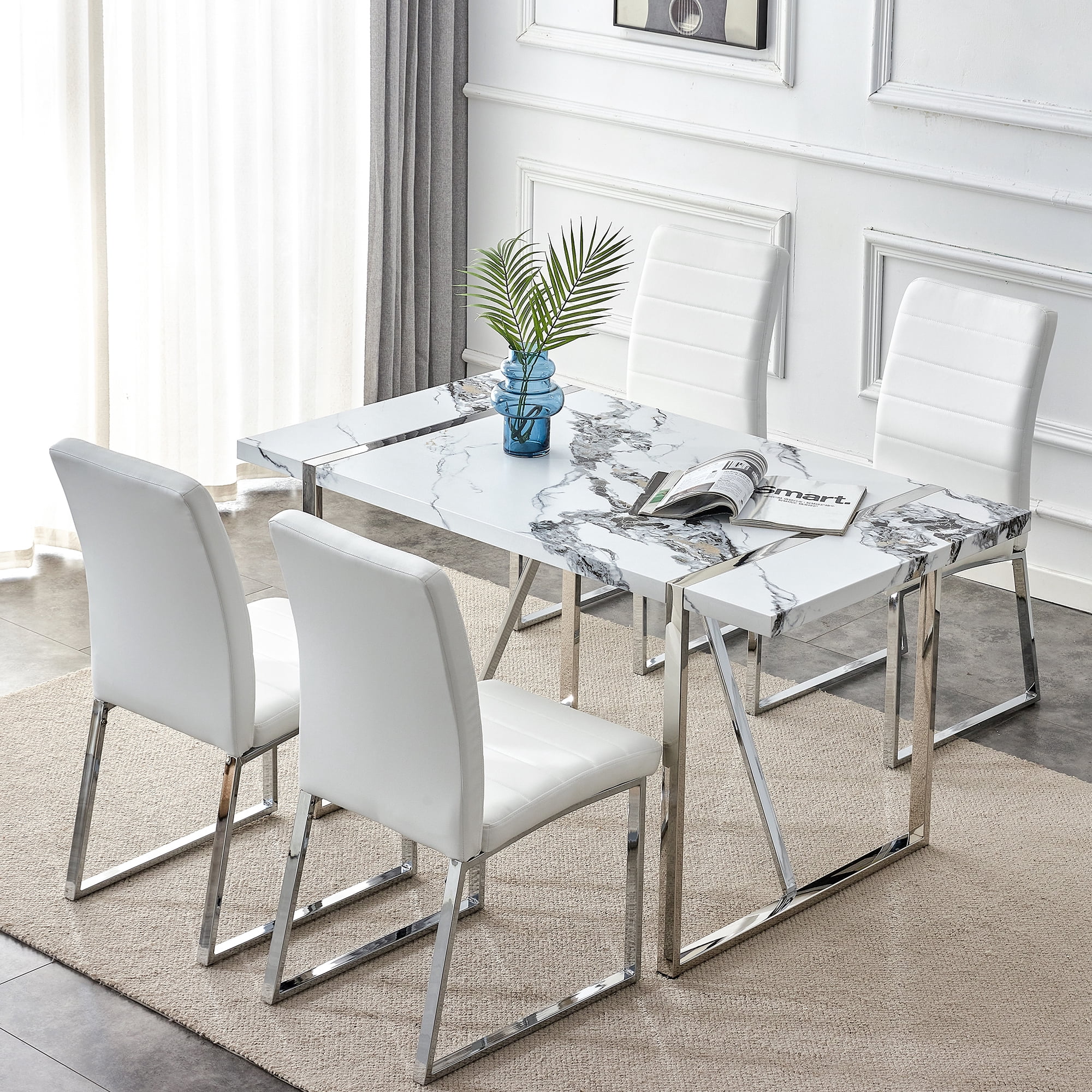 Modern Style Faux Marble Dining Table Set for 4, White - Walmart.com