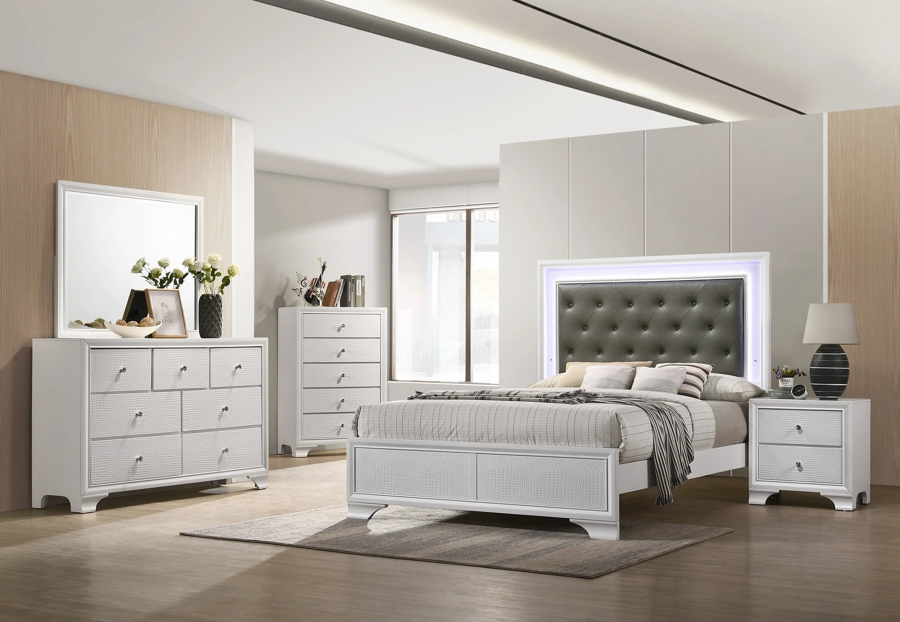 Modern Style Frost Finish 6pc King Size Bedroom Set Bed Dresser Mirror ...