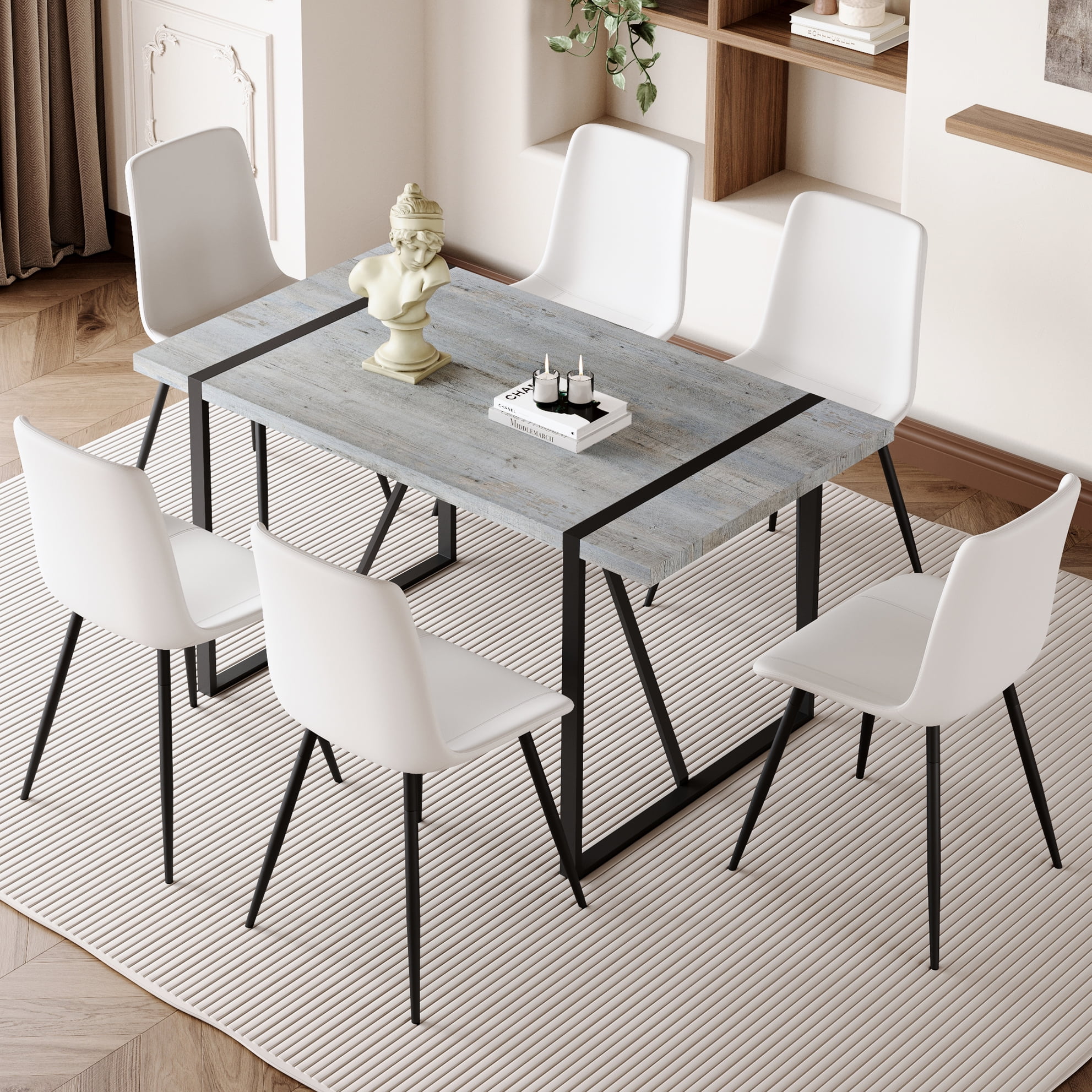 Modern Style Grey Marble Dining Table And 6 Comfortable Black Metal ...