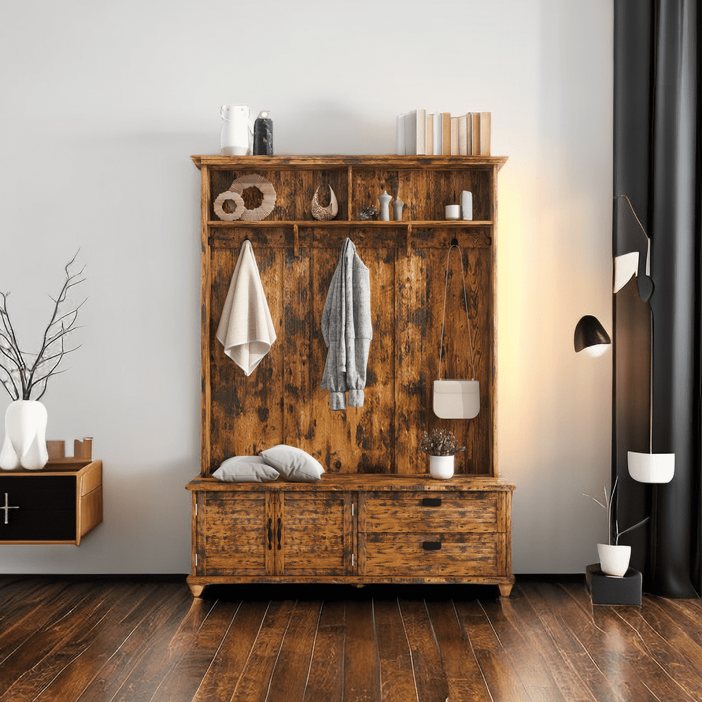 Modern Style Hall Tree with Storage Cabinet and 2 Large Drawers, Widen ...