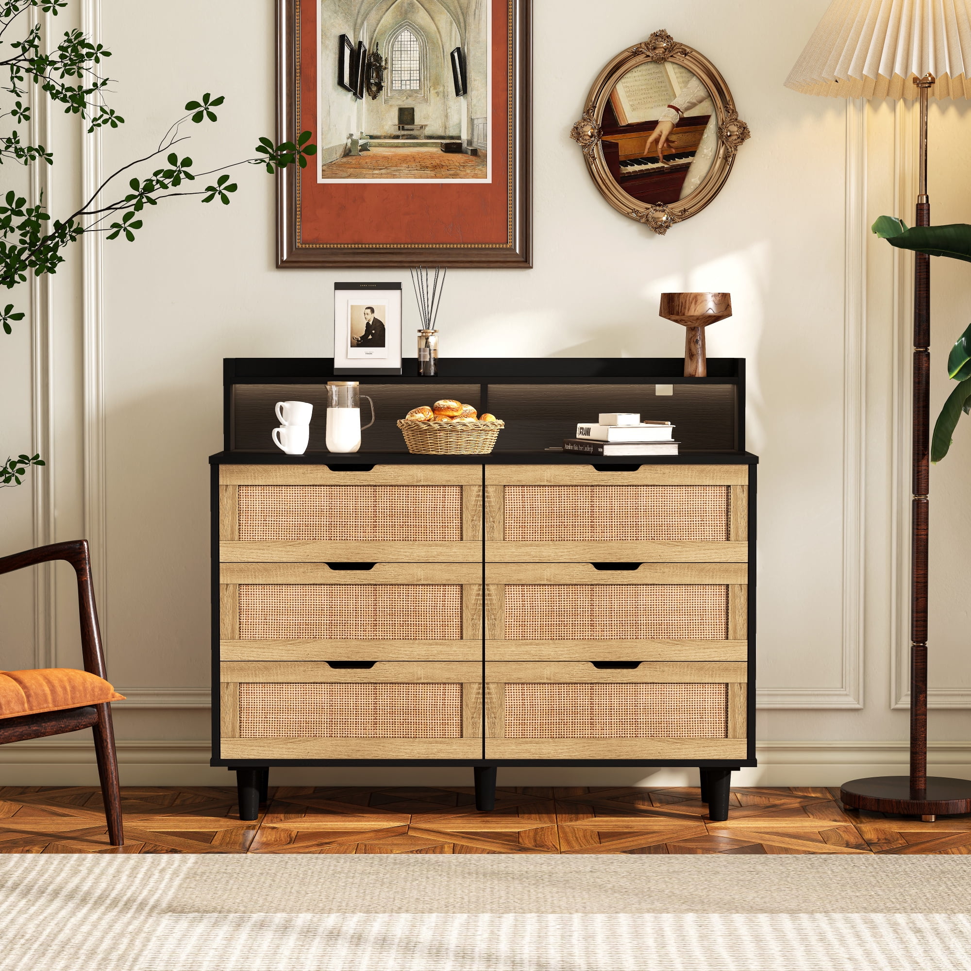 Modern Style LED-Lighted Rattan Makeup Vanity with 6 Drawers, Black ...
