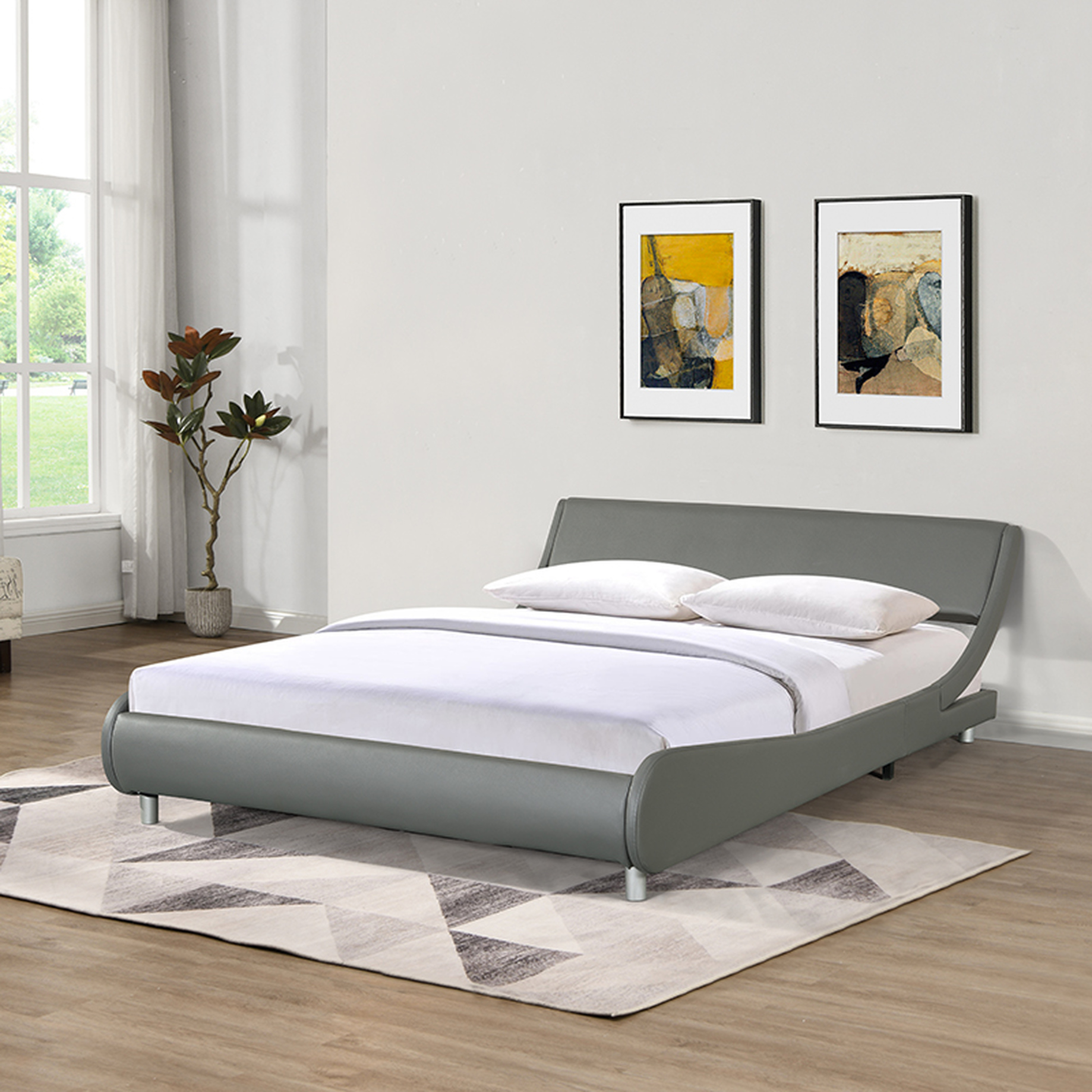 Modern Style Queen Faux Leather Bed Frame, Curve Outline, Wood Slat ...