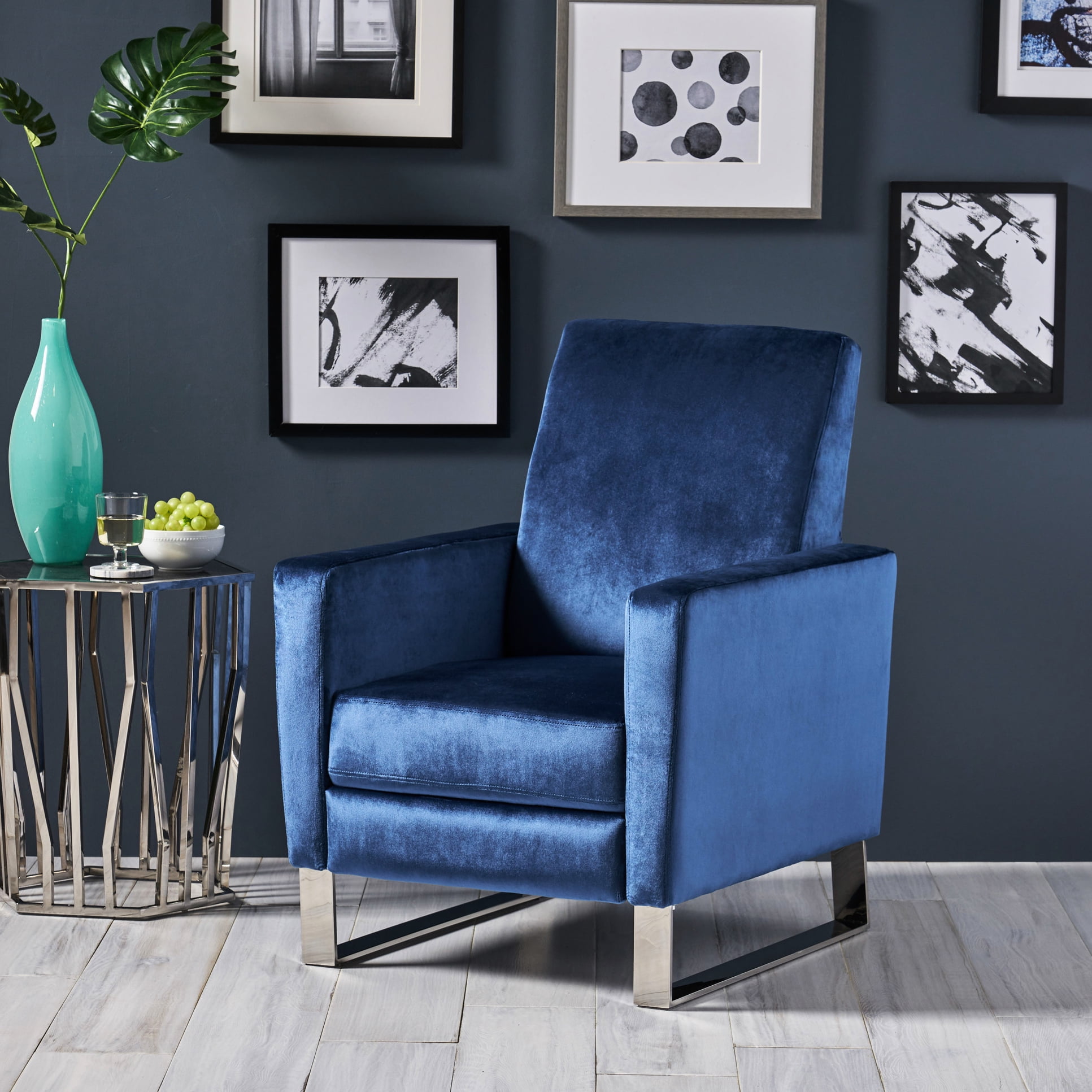 Modern Style Recliner With Blue Velvet And Stainless Steel Elegant In ...