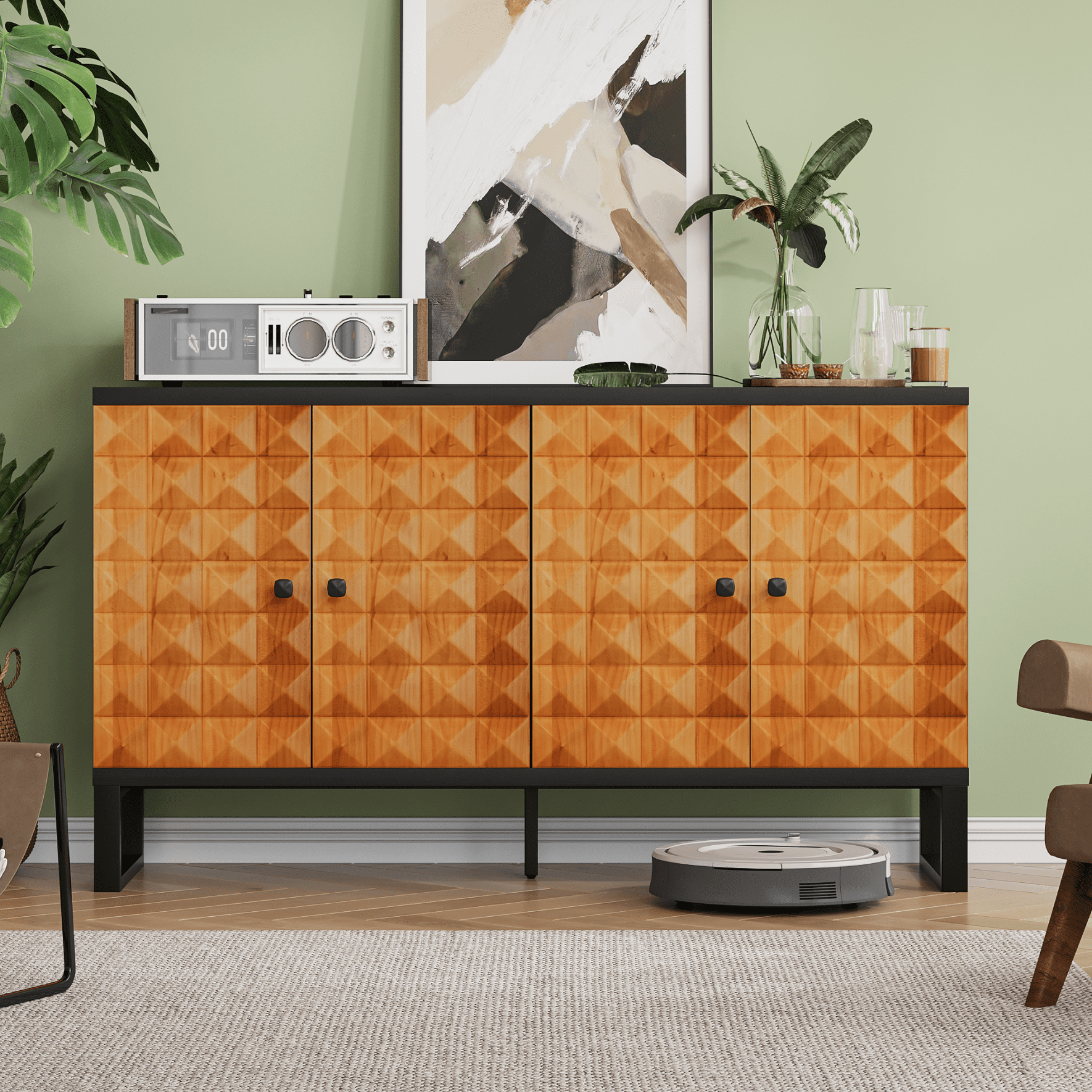 Modern Style Sideboard Buffet Cabinet, Carved 4 Door Sideboard with ...