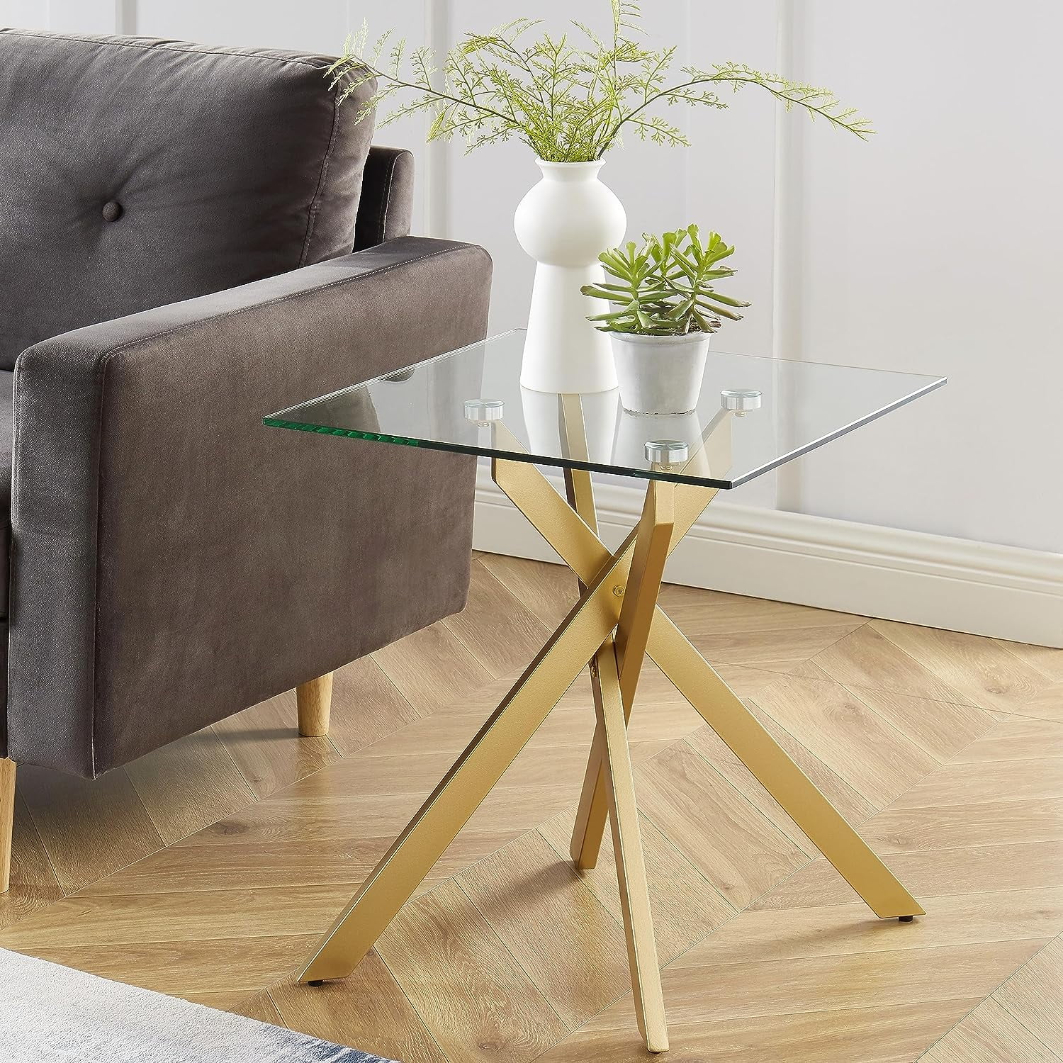 Modern Style Square Side Table with Grey Tempered Glass Top and Black ...