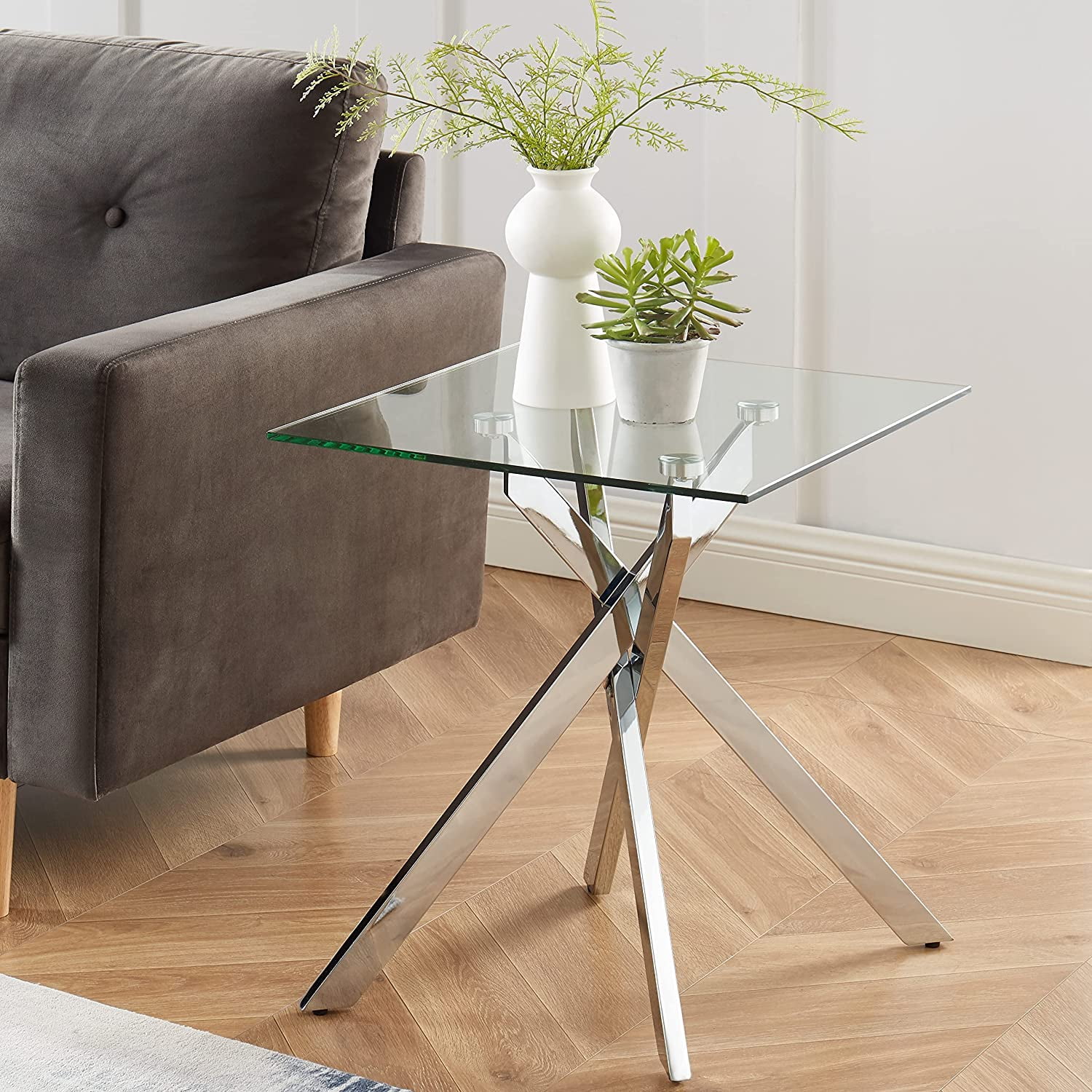 Modern Style Square Side Table with Tempered Glass Top and Metal ...