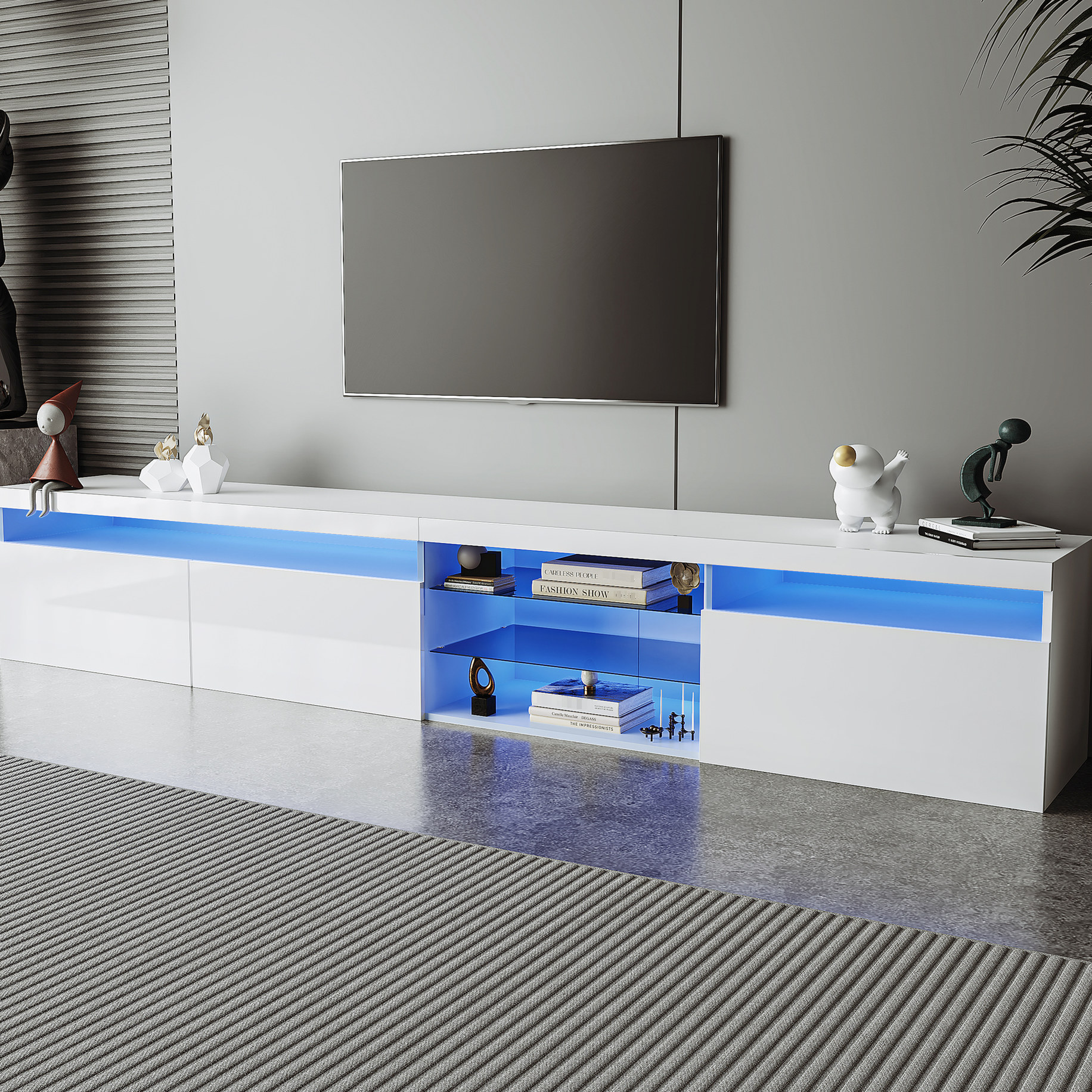 Modern Style TV Stand with Glass Shelves, Storage, and Music - Sync ...