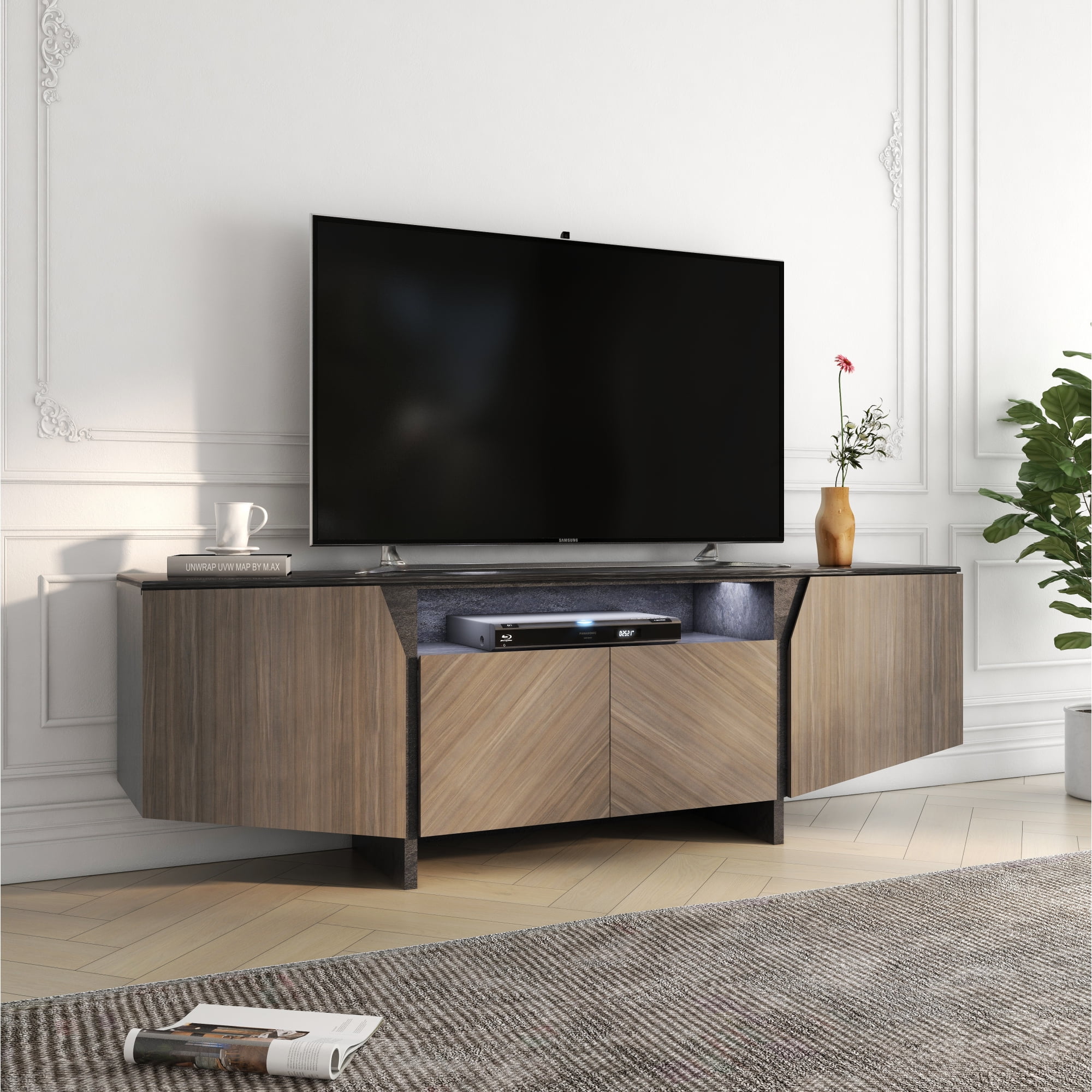 Modern Style TV Stand with LED Lights, Storage Cabinet, and Shelves ...