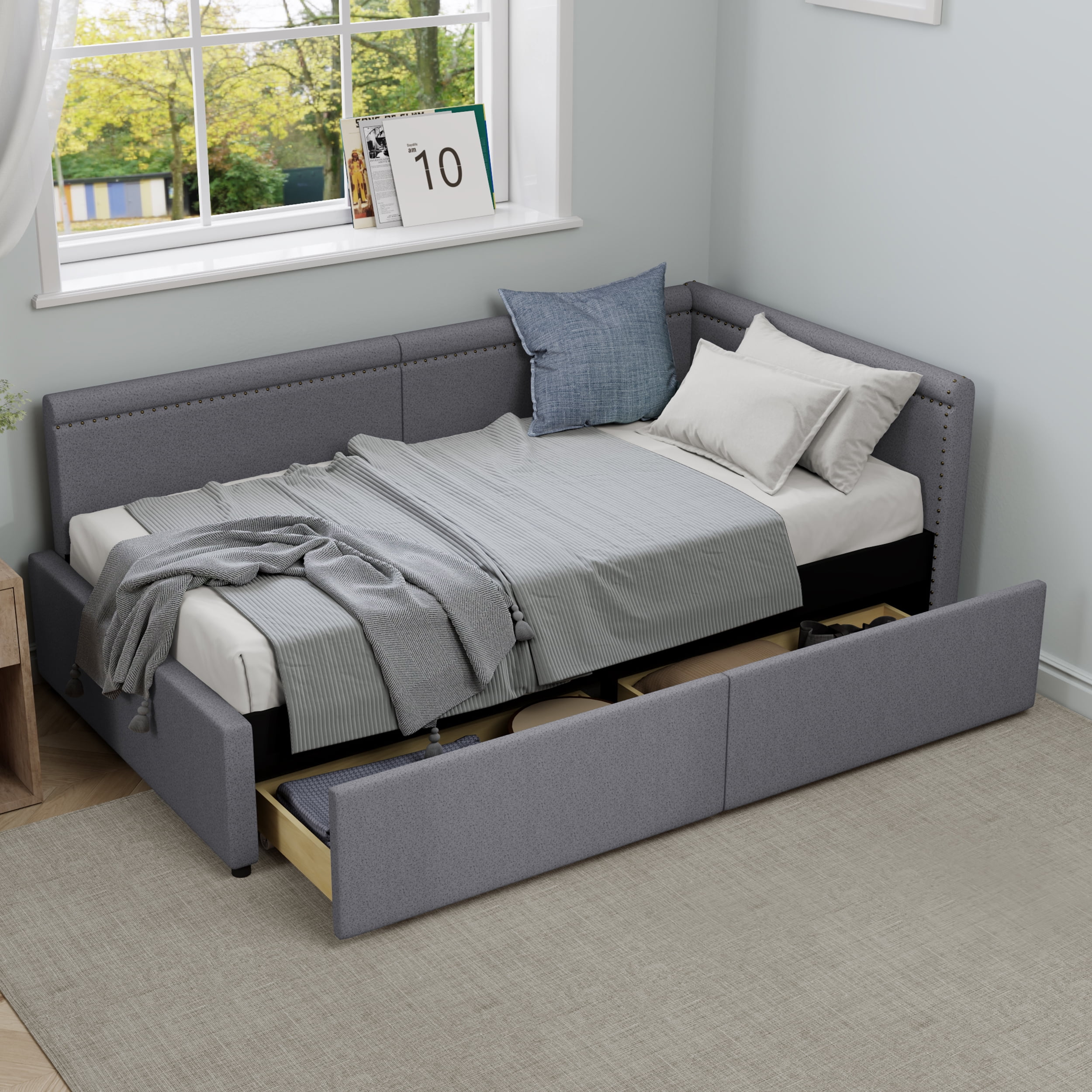 Modern Style Twin Size L Shape Corner Bed, Linen Upholstered Daybed ...