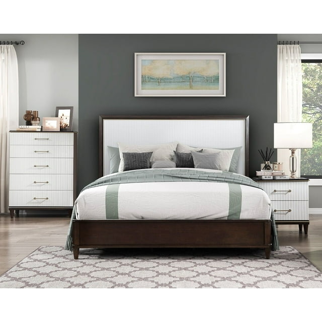 Modern Style White Cherry Bedroom 3pc Set Queen Bed Nightstand Chest Set Wooden Furniture ...