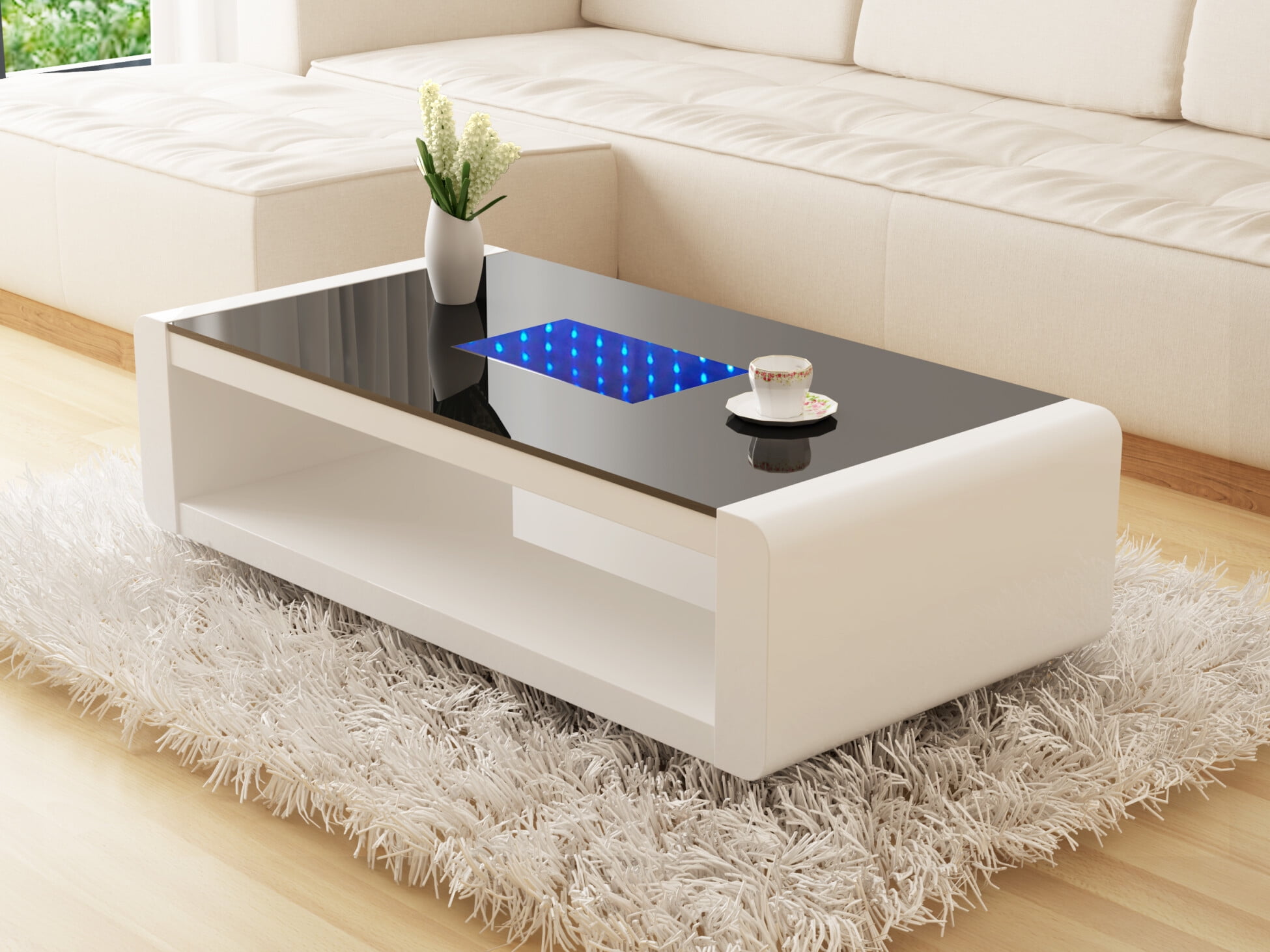 Modern Stylish Coffee Table with LED Lights, Small Center Table with ...