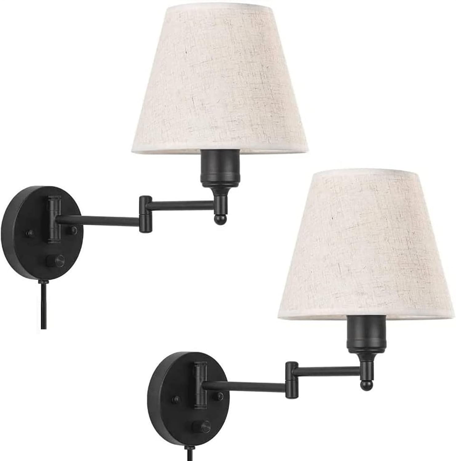 Modern Swing Arm Wall Lamps Set of 2 - Plug in Wall Sconces with Fabric Shade, Rotary Switch ...