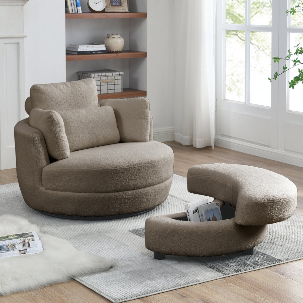 Modern Swivel Accent Barrel Chair with Half Moon Storage Ottoman,Linen ...