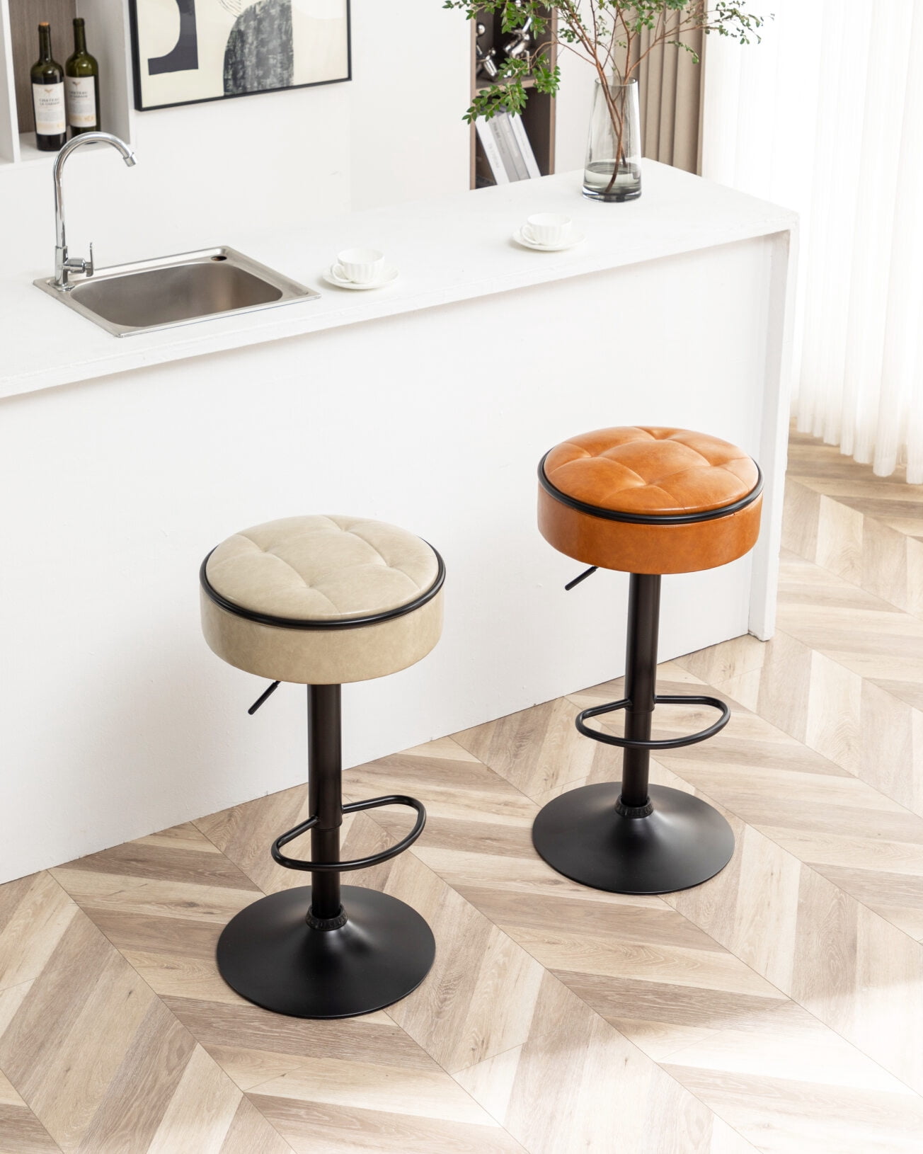 Modern Swivel Bar Stools Set of 2, PU Leather Barstool with Adjustable ...