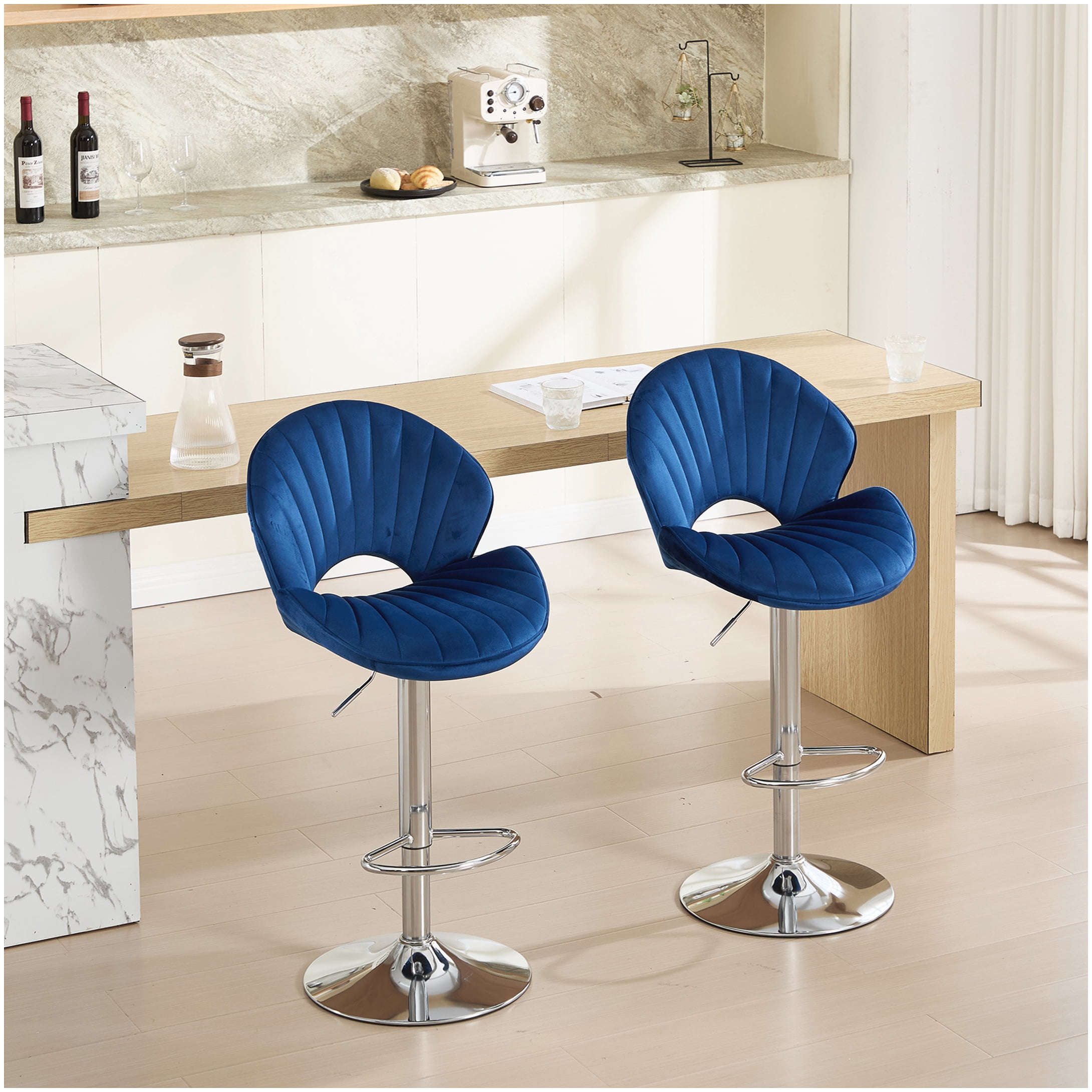 Modern Swivel Bar Stools Set, Navy Fabric Upholstered Counter Height ...