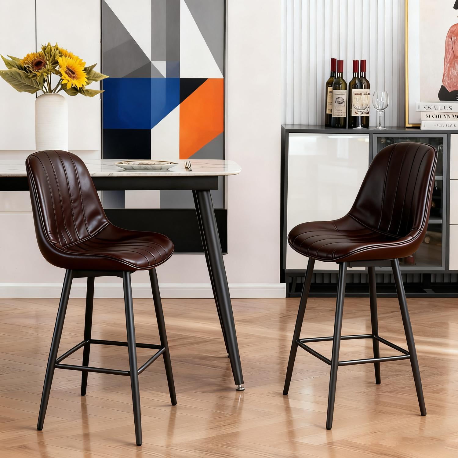 Modern Swivel Bar Stools Set of 2 Adjustable Height PU Leather with ...