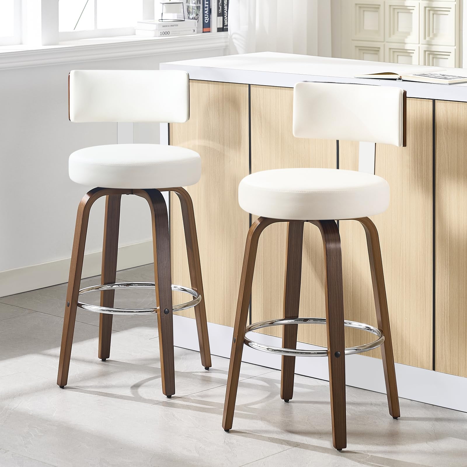 Modern Swivel Bar Stools Set of 2, Backrest Counter Height Stools, PU ...