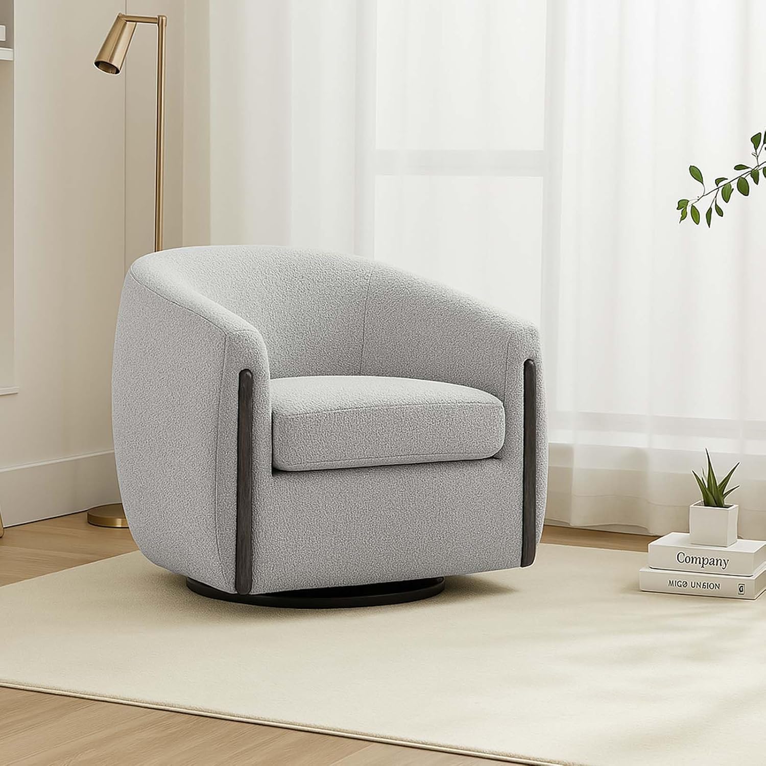 Modern Swivel Chair with Wood Accents, Soft Bouclé Upholstered Armchair ...
