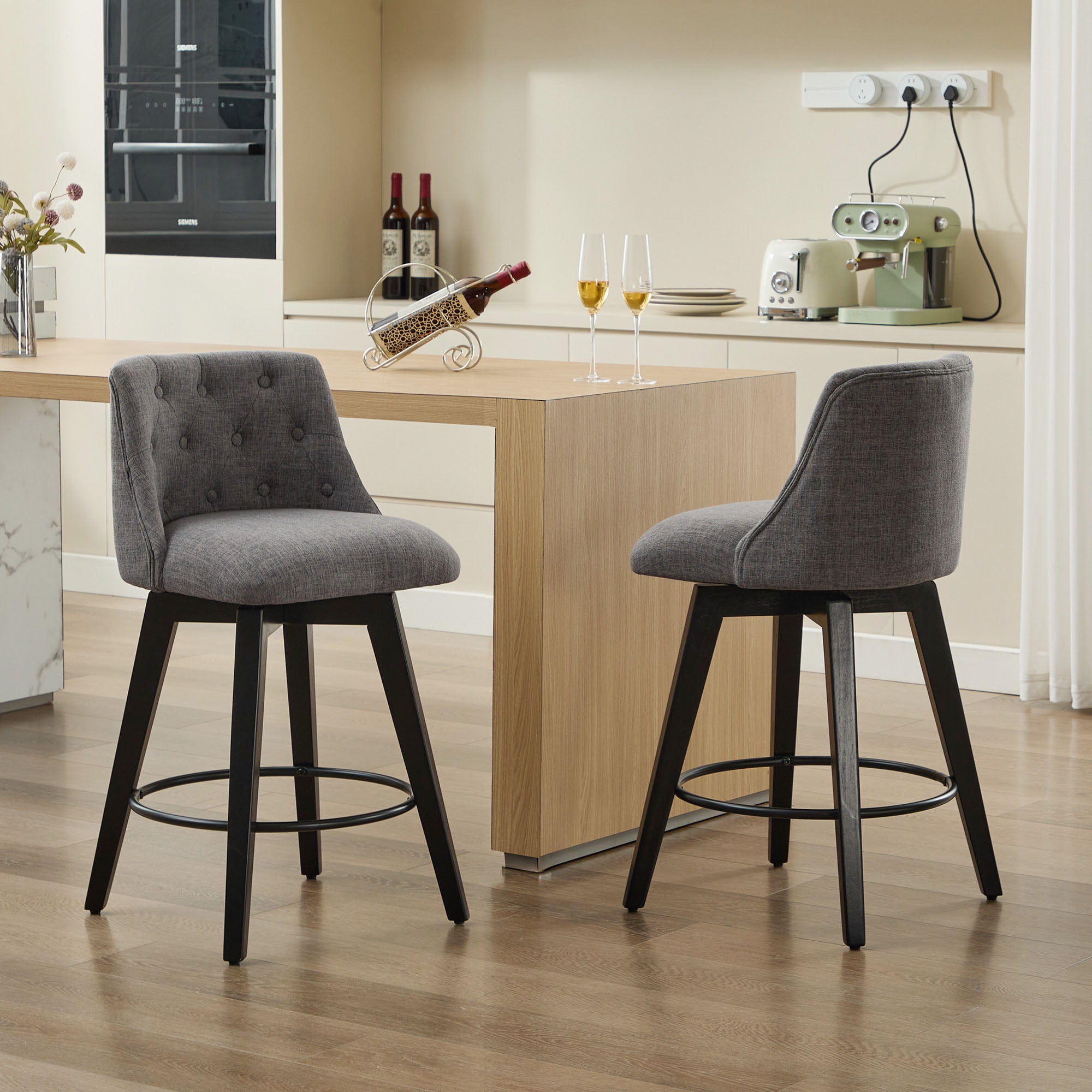 Modern Swivel Counter Chairs in Linen Fabric with Button-Tufted ...