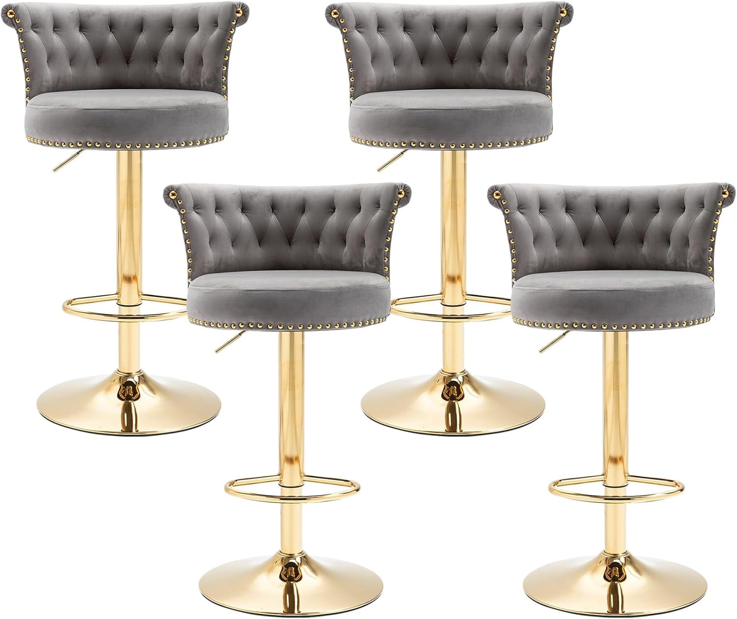 Modern Swivel Grey Bar Stools Set of 4, Adjustable Counter Height Gold ...