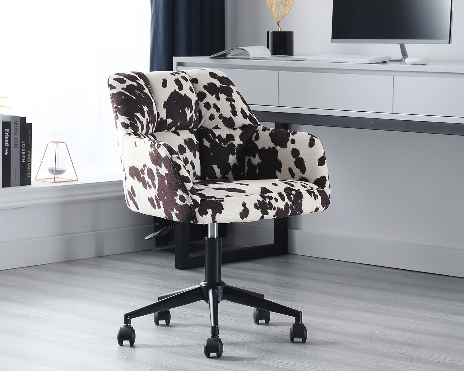 Modern Swivel Home Office Desk Chair with Wheels and Arms, Cow Print ...