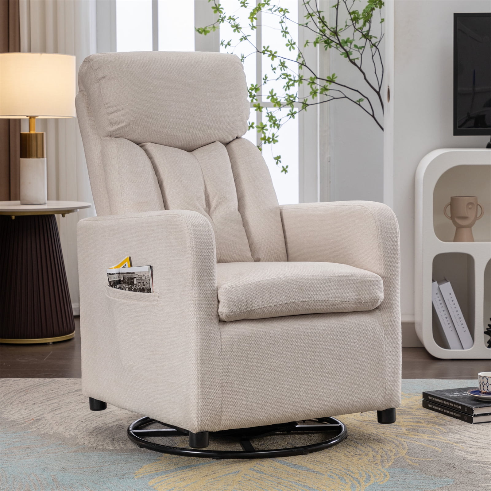 Modern Swivel Rocking Chair, Teddy Fabric Gilder Chair with Pocket and ...
