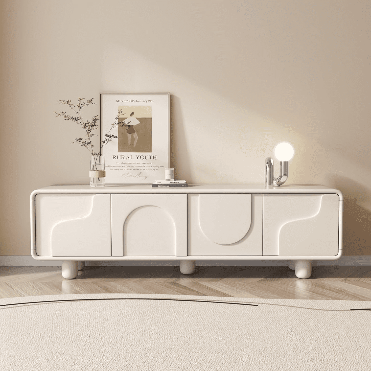 Modern TV Cabinet Creamy White Television Stand with 3 Cabinets ...