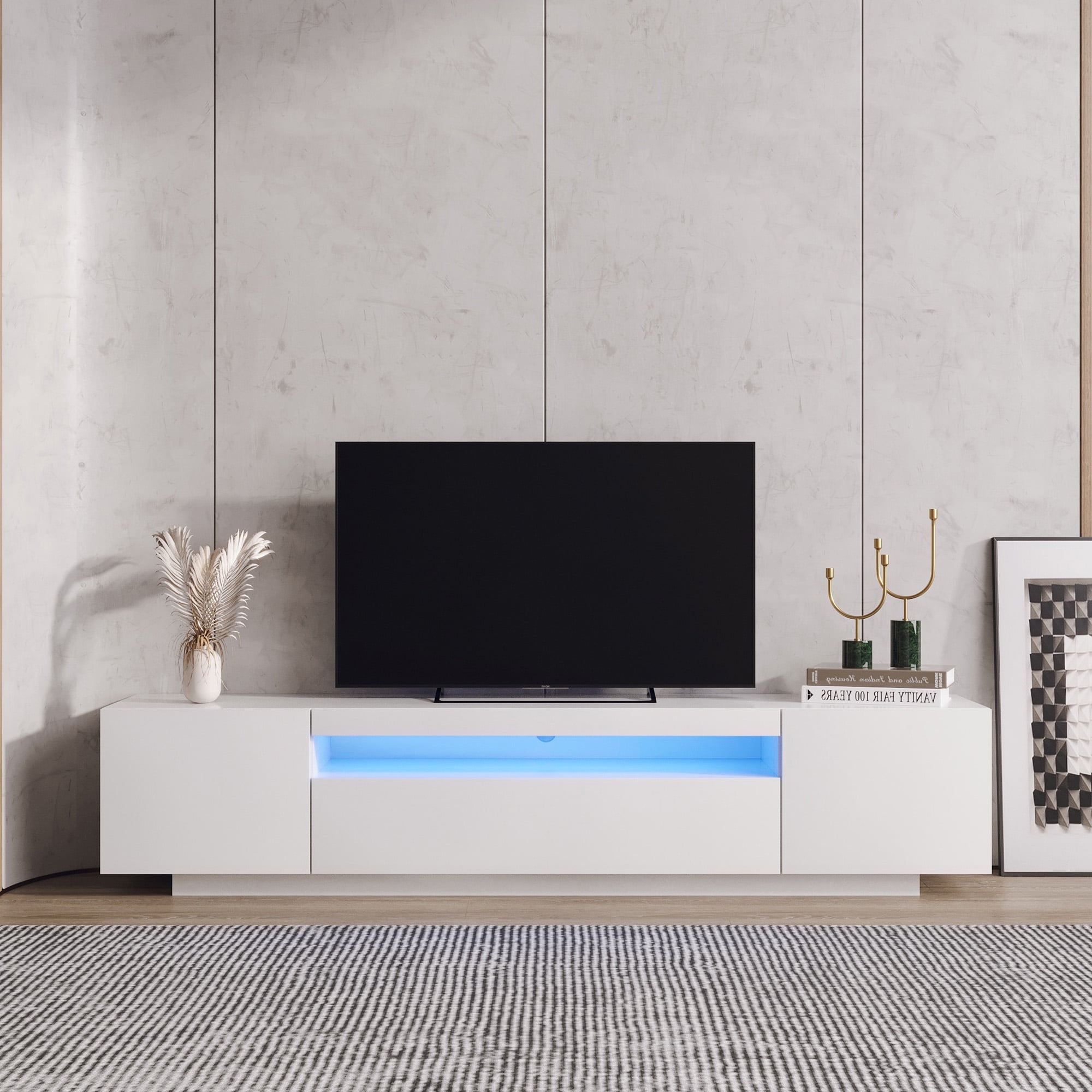 Modern TV Cabinet, Wooden LED TV Cabinet with Storage Drawers and RGB Lights, High Gloss Living ...
