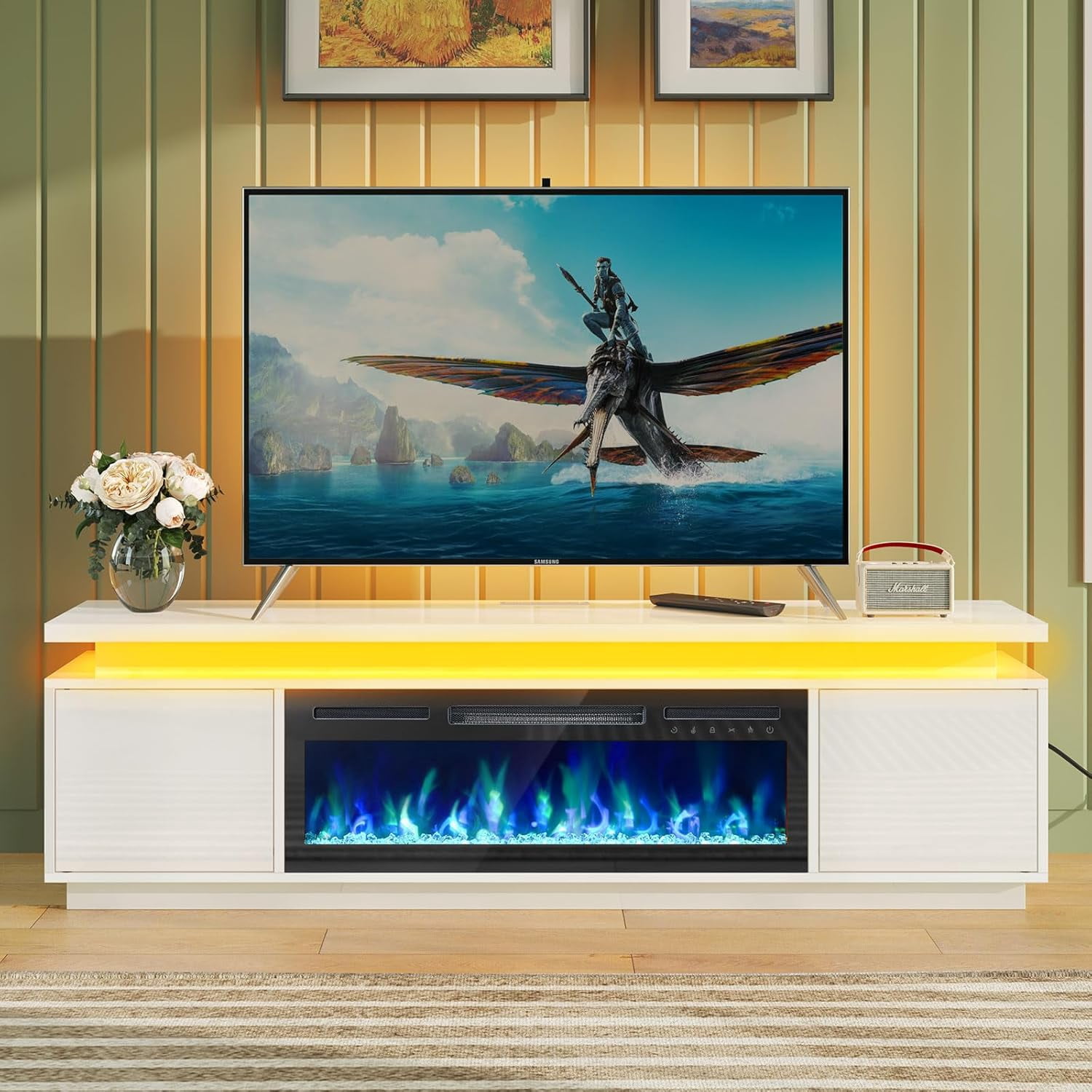 Modern TV Console with 36" Electric Fireplace, LED Lights & Power ...