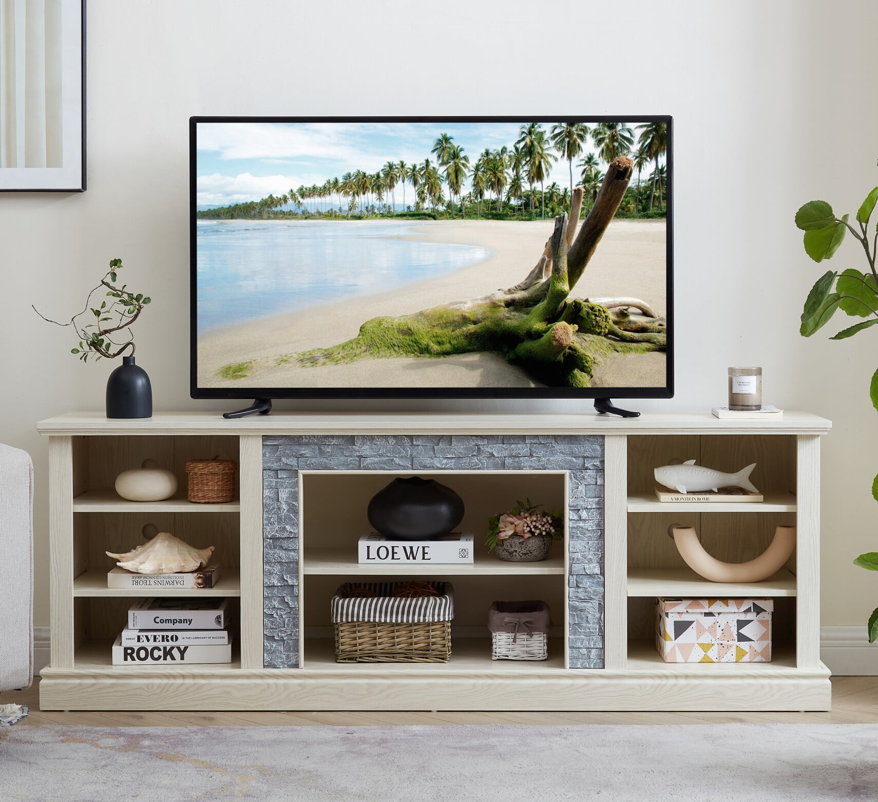 Modern TV Entertainment Stand with Large Storage Cabinet and Faux ...