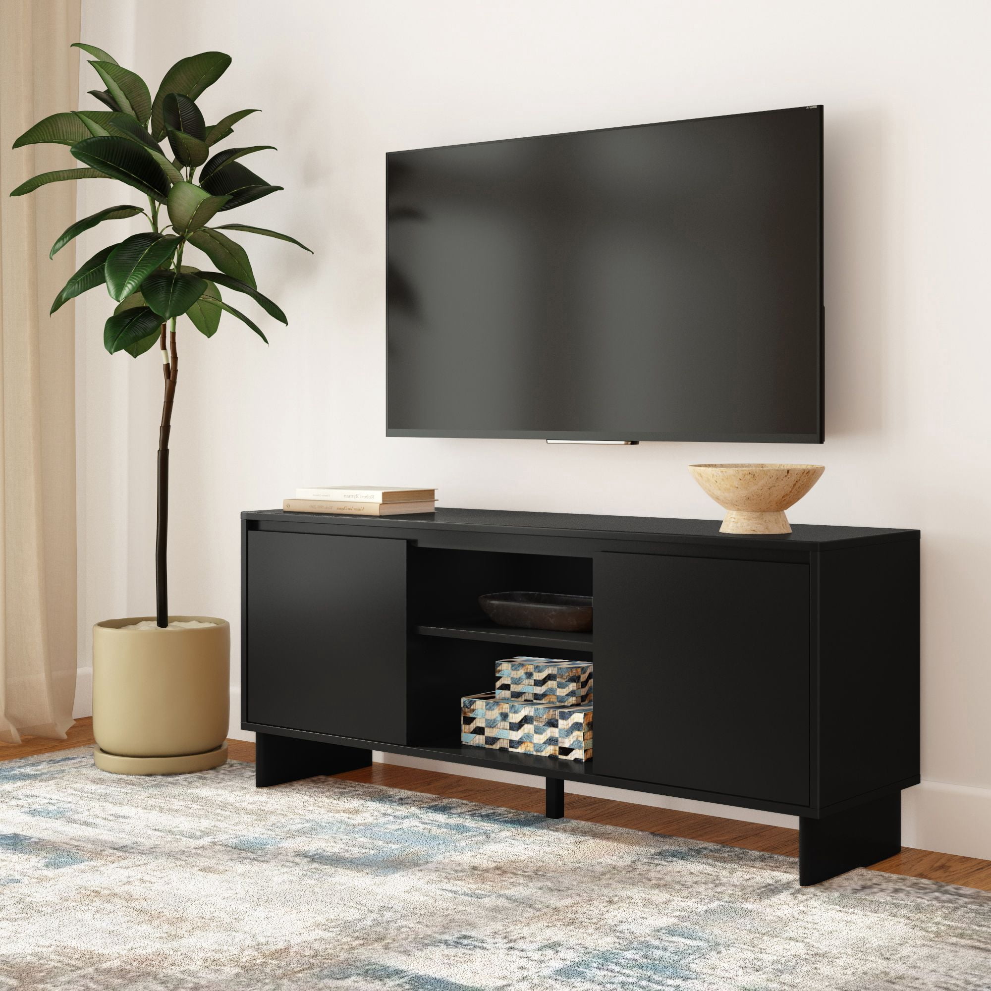 Modern TV Stand, 2 Door w/ Middle Shelf (1499 x 406 x 635mm / 59 x 16 x ...