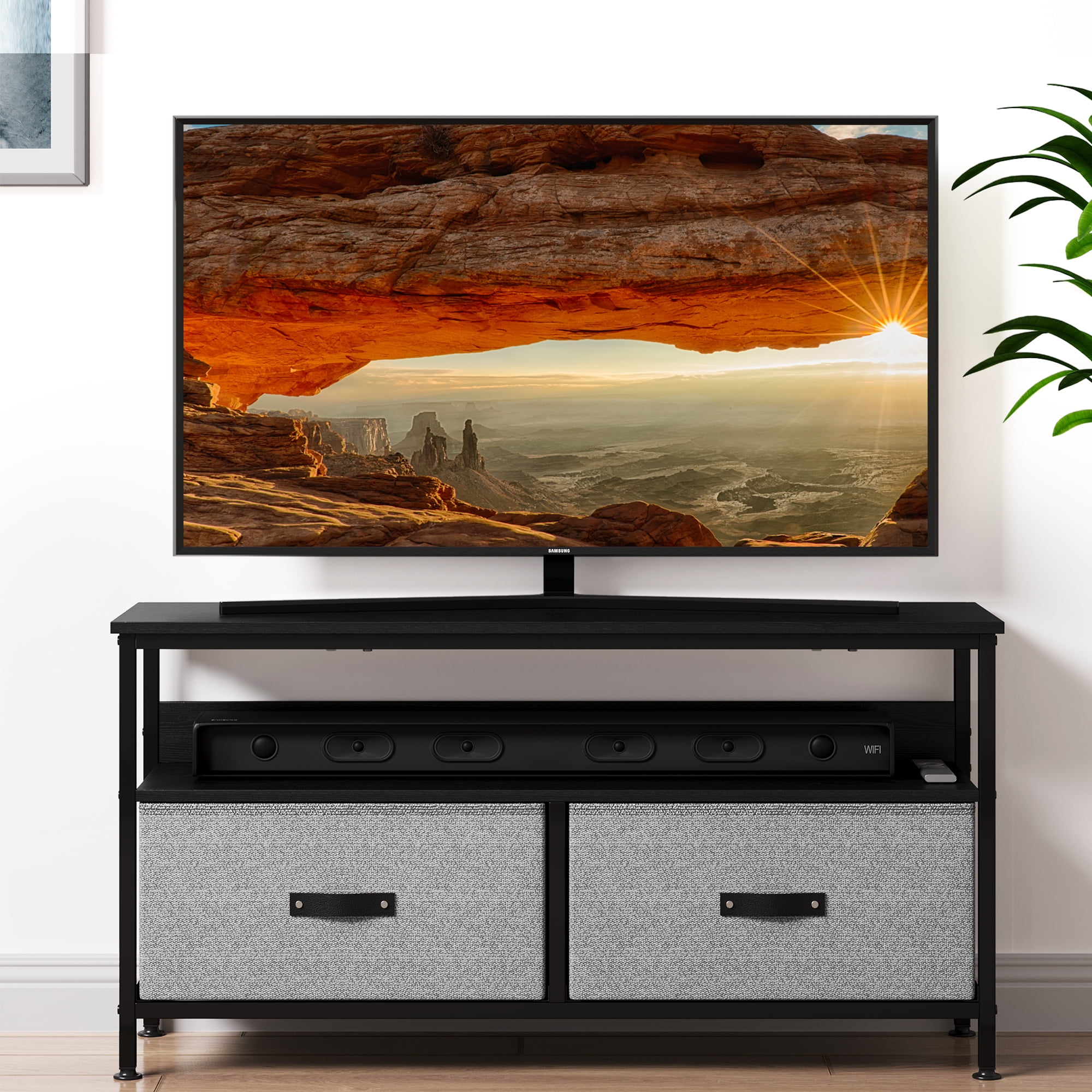Modern TV Stand with 2 Fabric Drawers, Media Console Table with Open ...