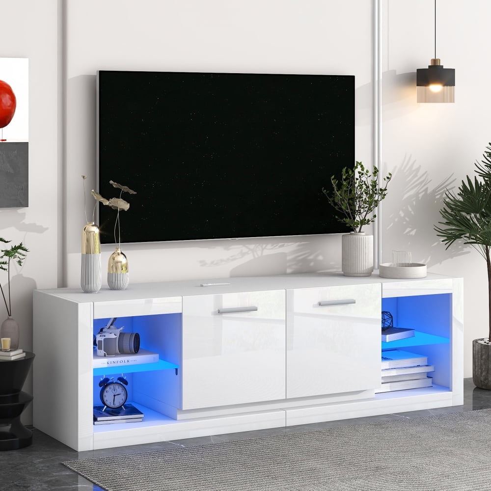 Modern TV Stand with 2 Tempered Glass Shelves, High Gloss Entertainment ...