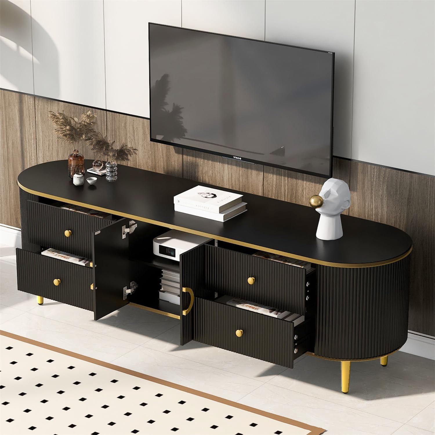 Modern TV Stand with 4 Drawers and Storage Cabinet, Wood Entertainment ...