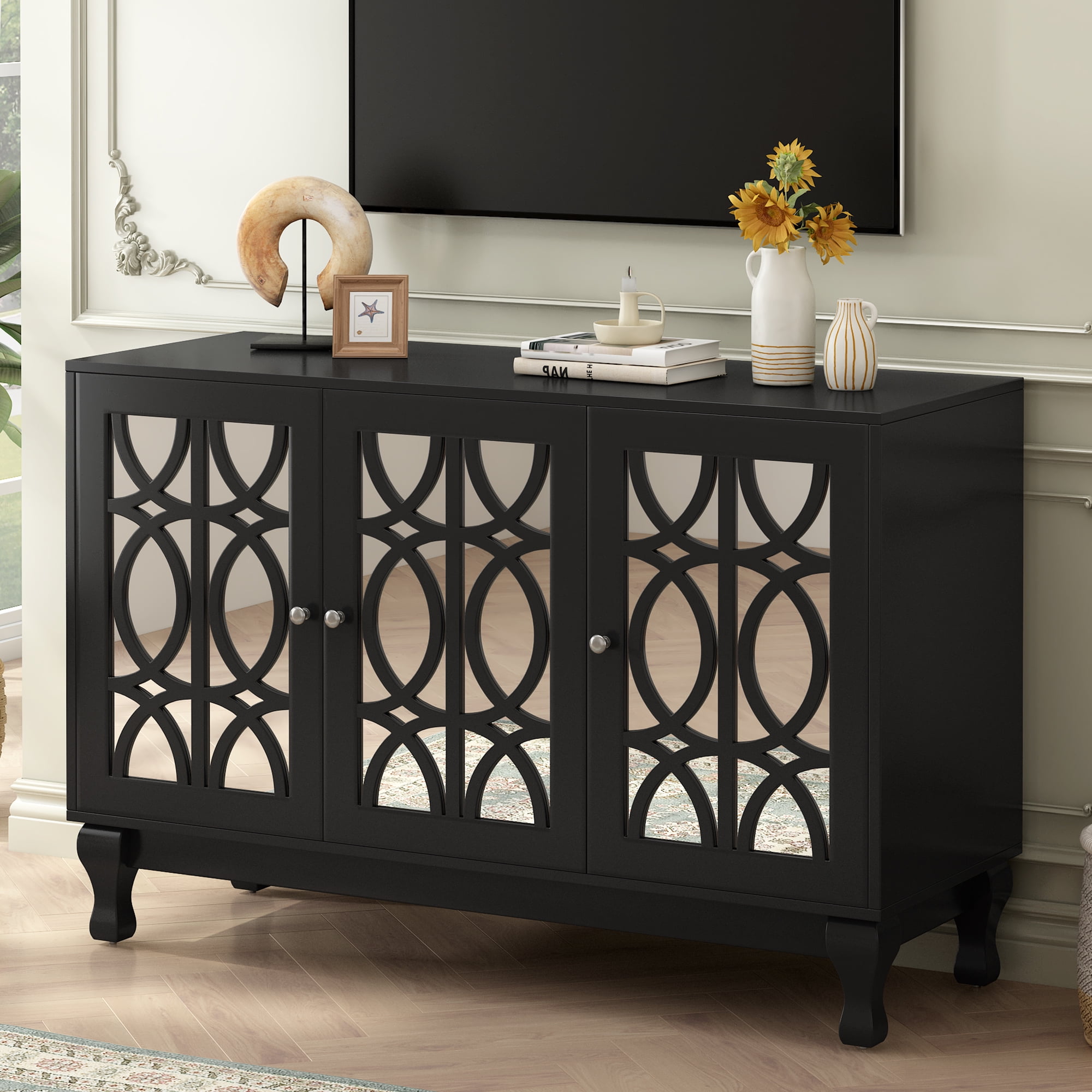 Modern TV Stand For 55 Inch TVs, Mirrored 3 Door Storage Cabinet With 3 ...