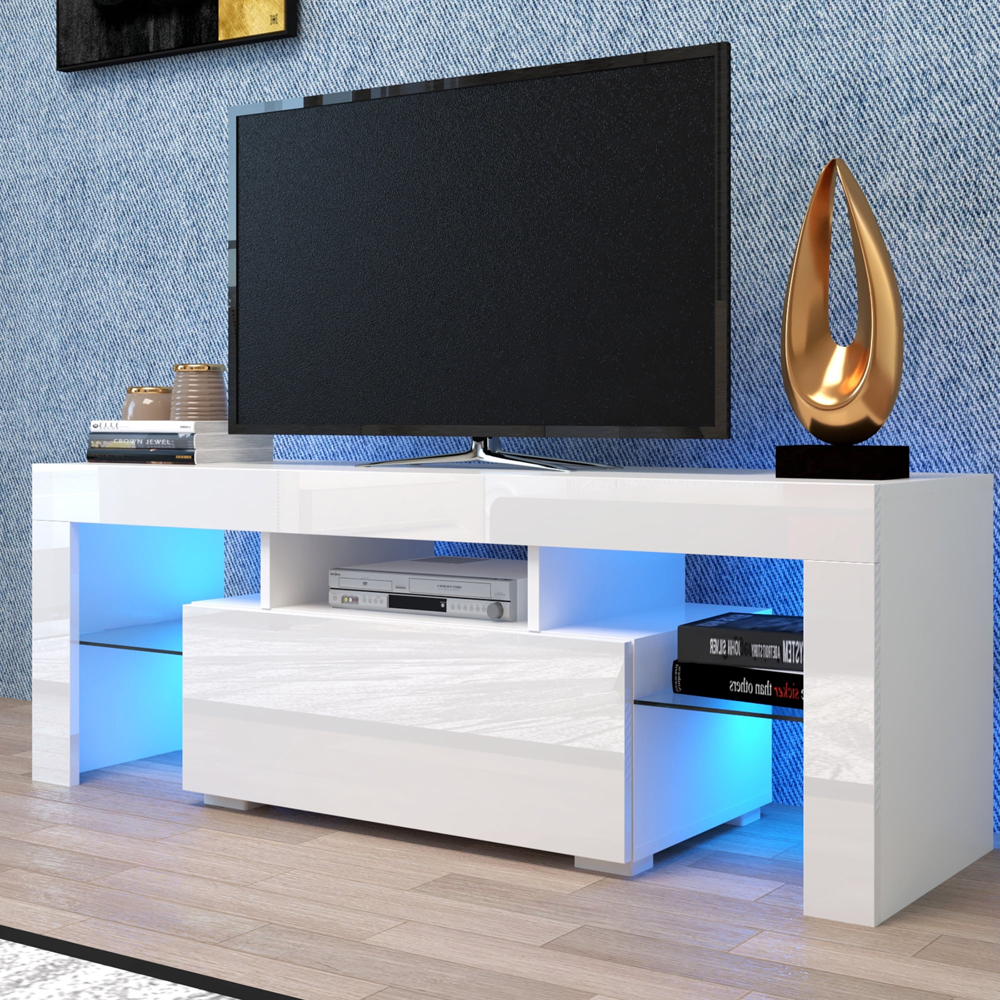 Modern Glossy TV Stand for 55" TV, LED Light Console, Home ...