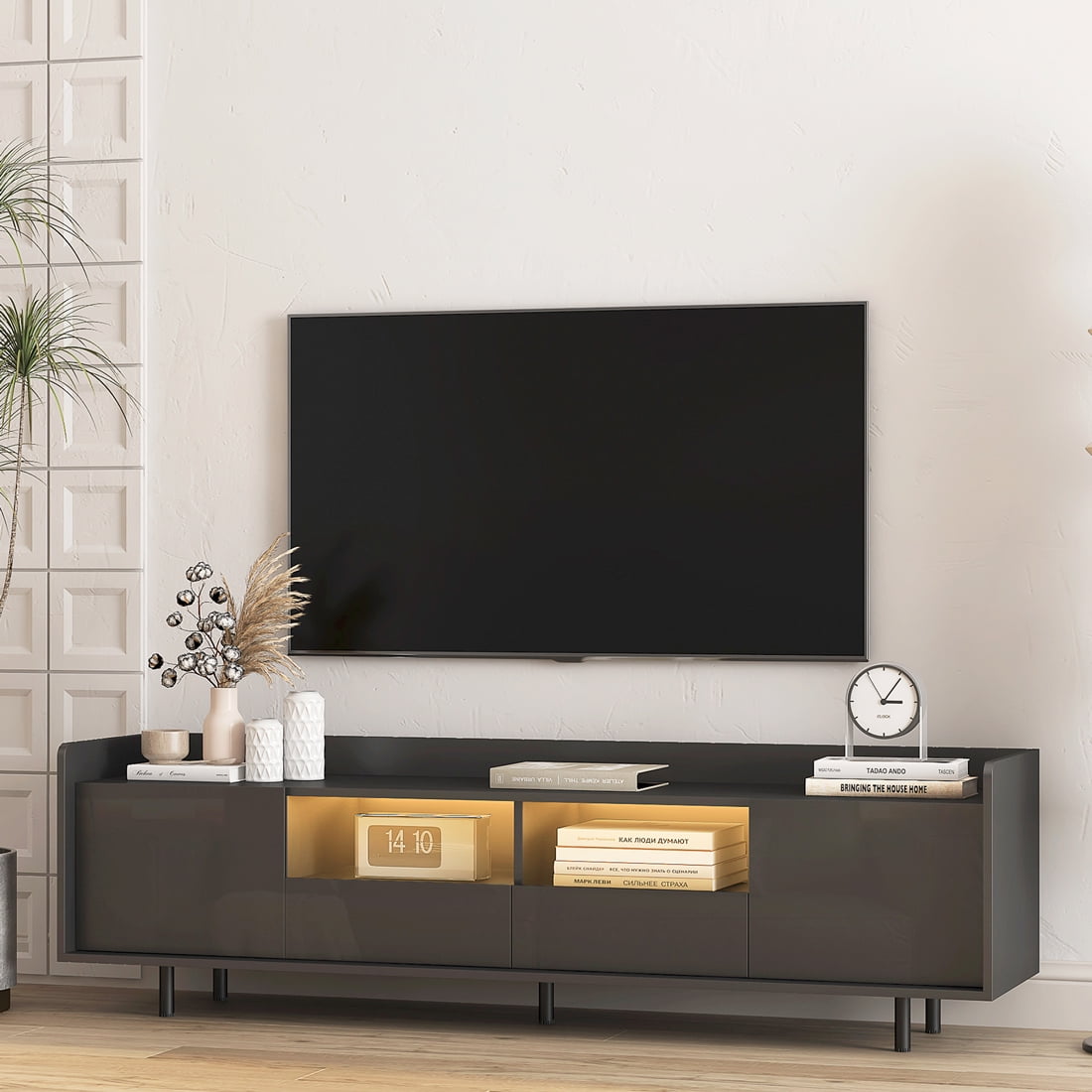Modern TV Stand for 65 Inch TV with LED Lights, Mid-Century Gaming ...