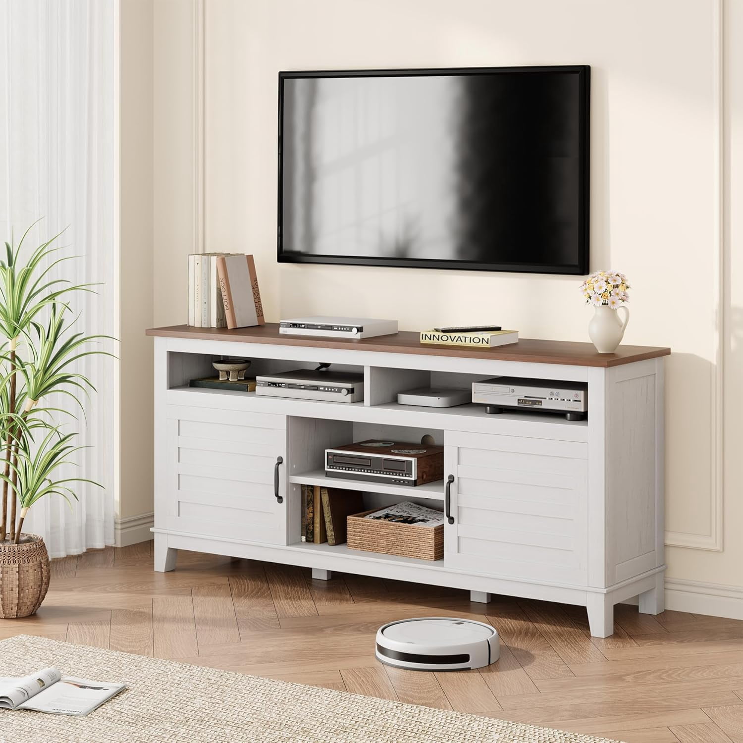 Modern TV Stand for 65 Inch TV, Semi-Open Double Door Cabinet with ...