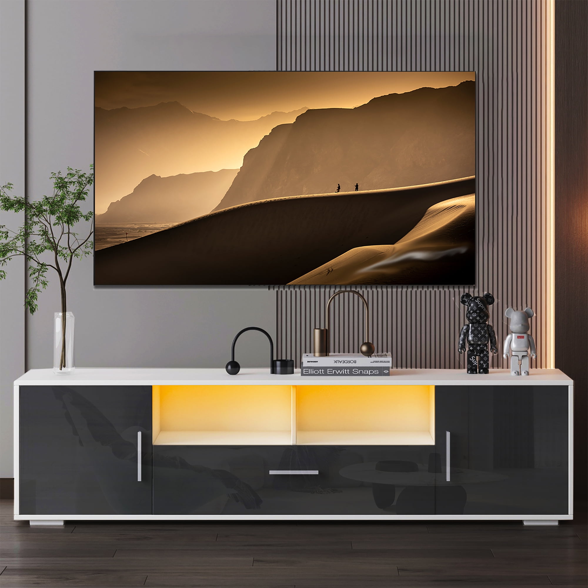 Seizeen Modern TV Stand for 65'' with LED Backlight, Storage, Suitable ...