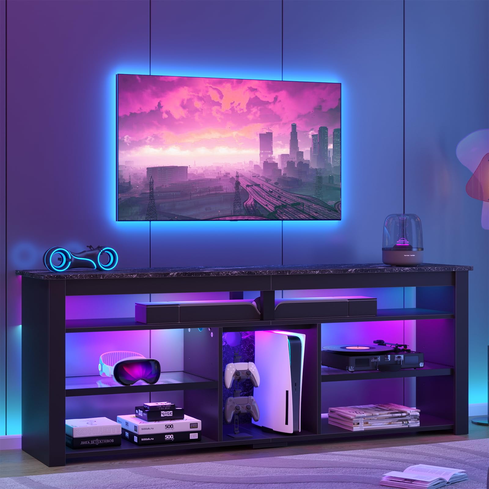 Modern TV Stand for 70 Inch TVs with 2 RGB LED Lights, Tall Gaming ...