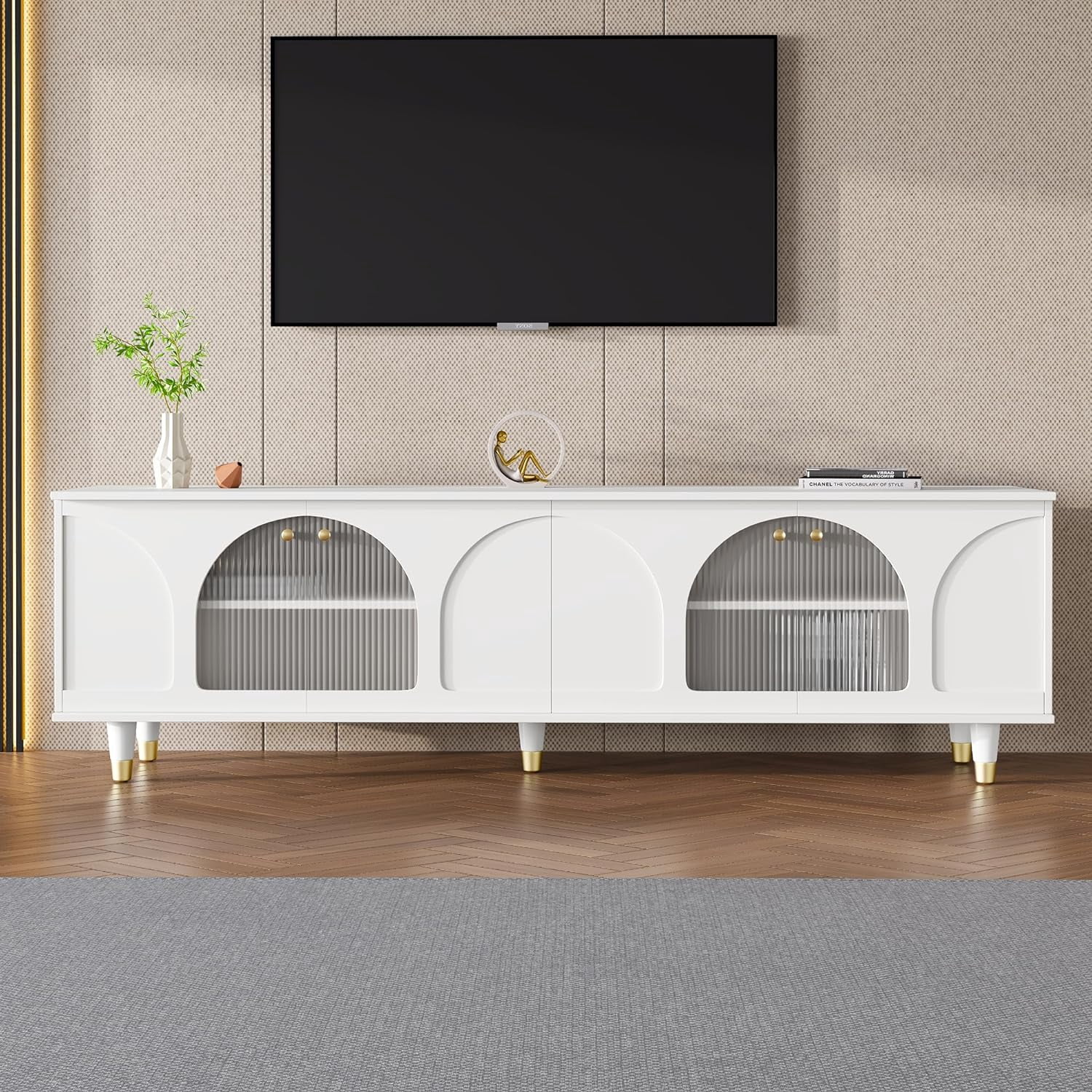 Modern TV Stand for 75"+ TV, Arch TV Console with Glass Door Cabinets ...