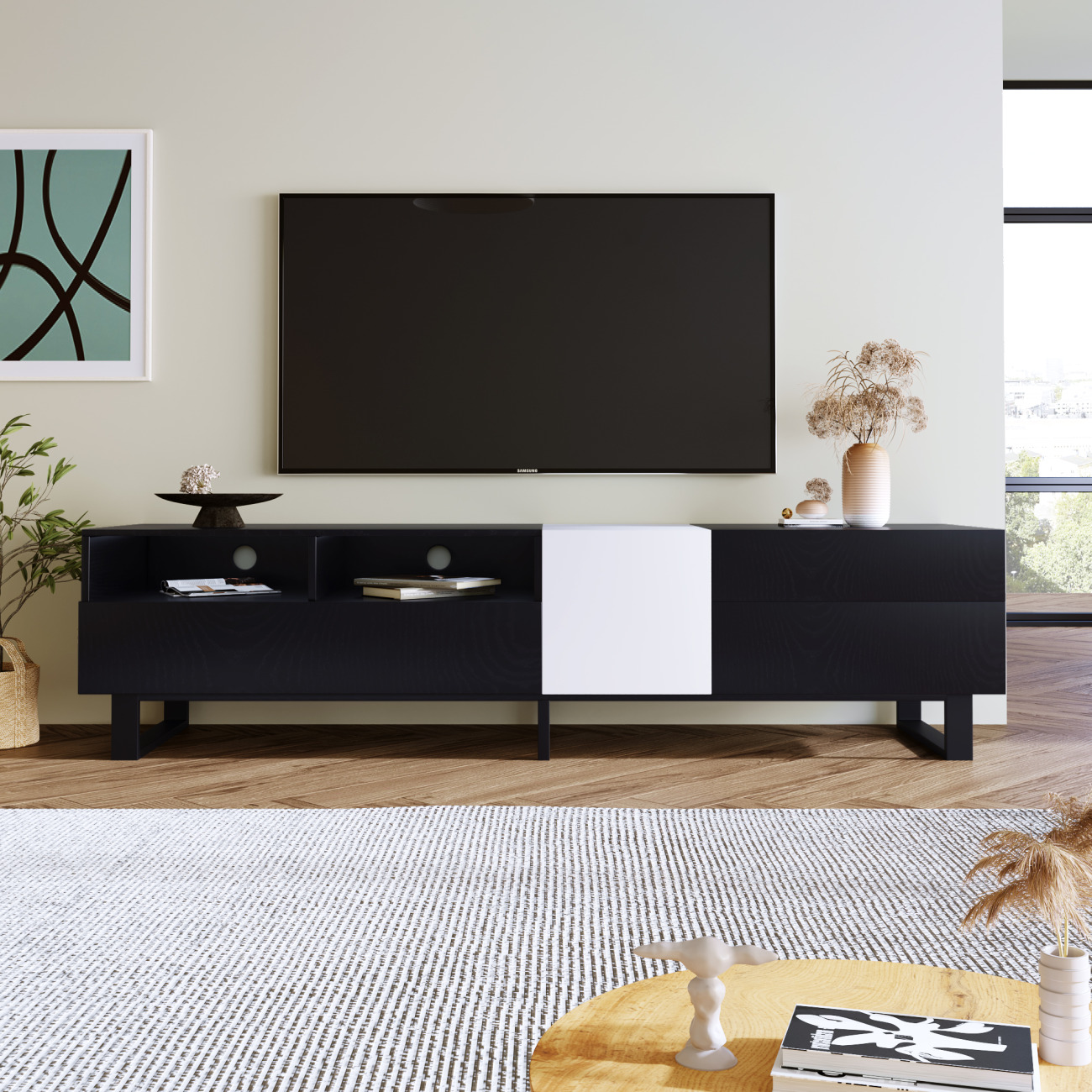 Modern TV Stand for 80" TV, Entertainment Center with Drop Down Doors ...