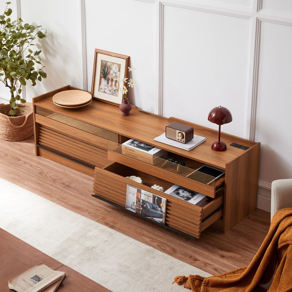 Modern TV Stand with Ample Storage,4 Drawer Design with Tempered Glass ,Built-in Charging Ports ...