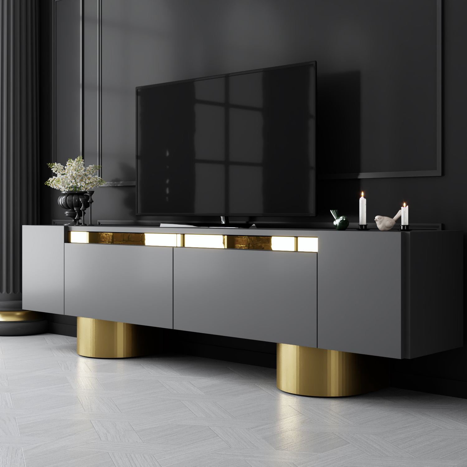 Modern TV Stand with Bendable Sheet Metal Legs, Anthracite & Gold, 70.9 ...