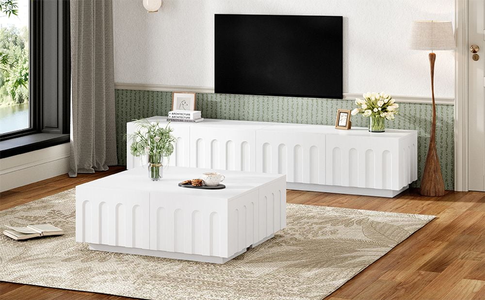 Modern TV Stand & Coffee Table Set of 2, Multi-Functional Media Console with Arched Design for ...