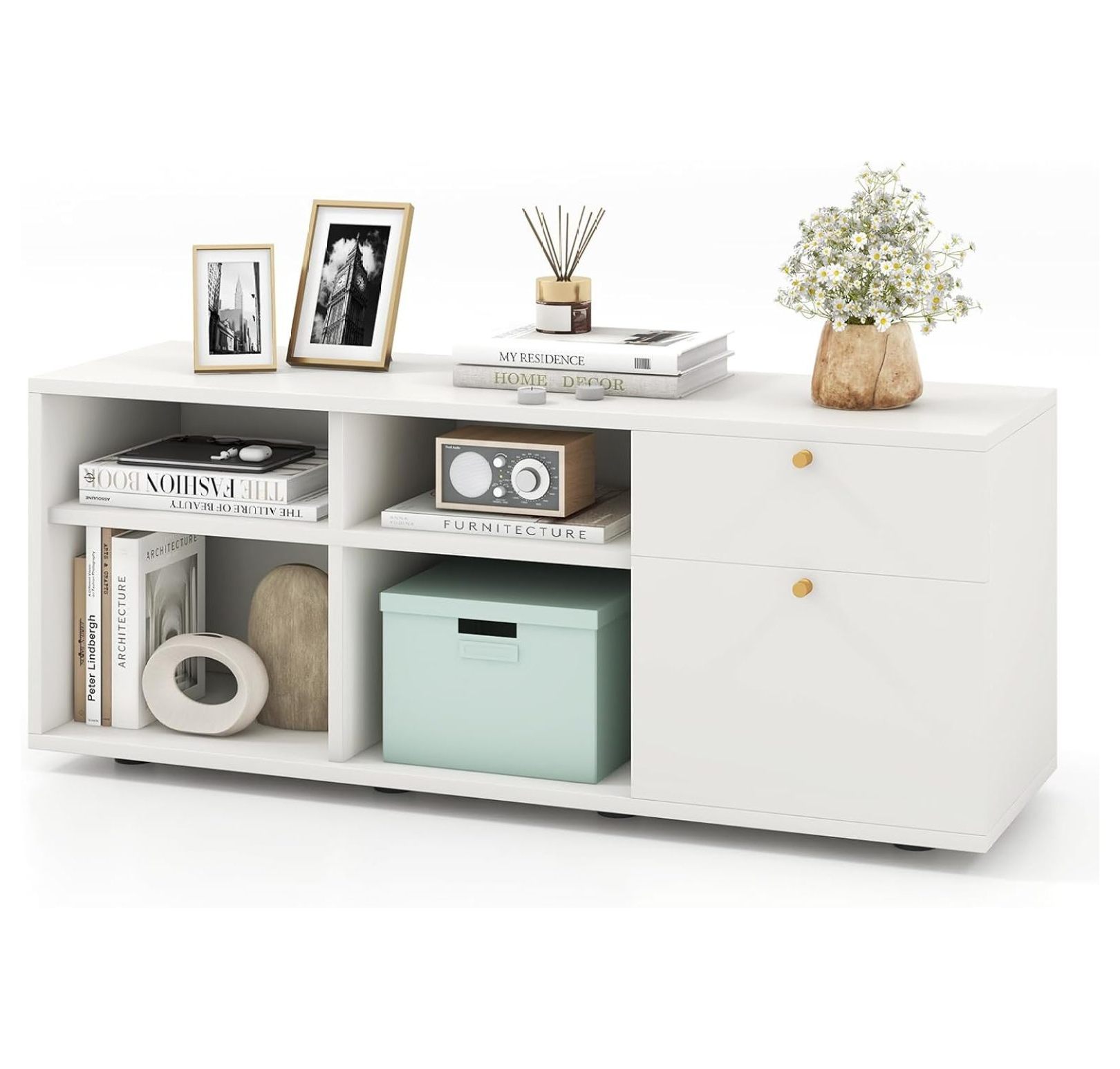 Modern TV Stand, Entryway Storage Cabinet with 2 Drawers, 4 Cubes ...