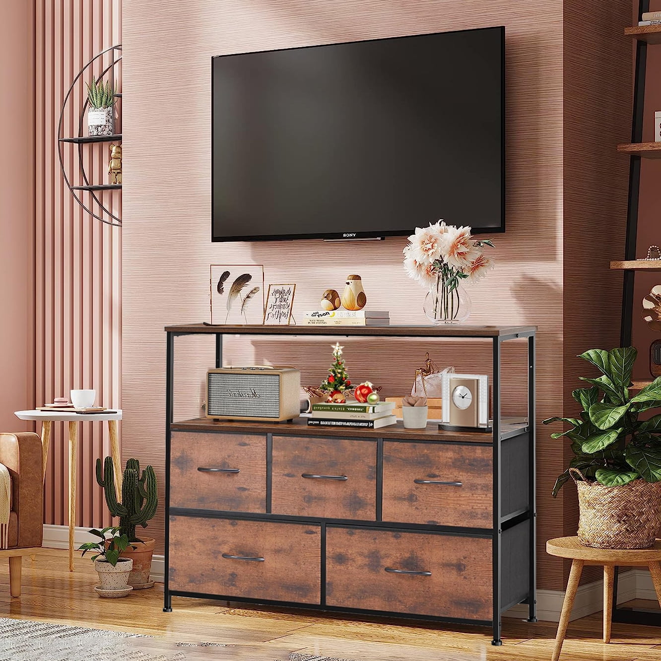 Atilioo Modern TV Stand, Fabric Entertainment Center, Brown, for Up to ...