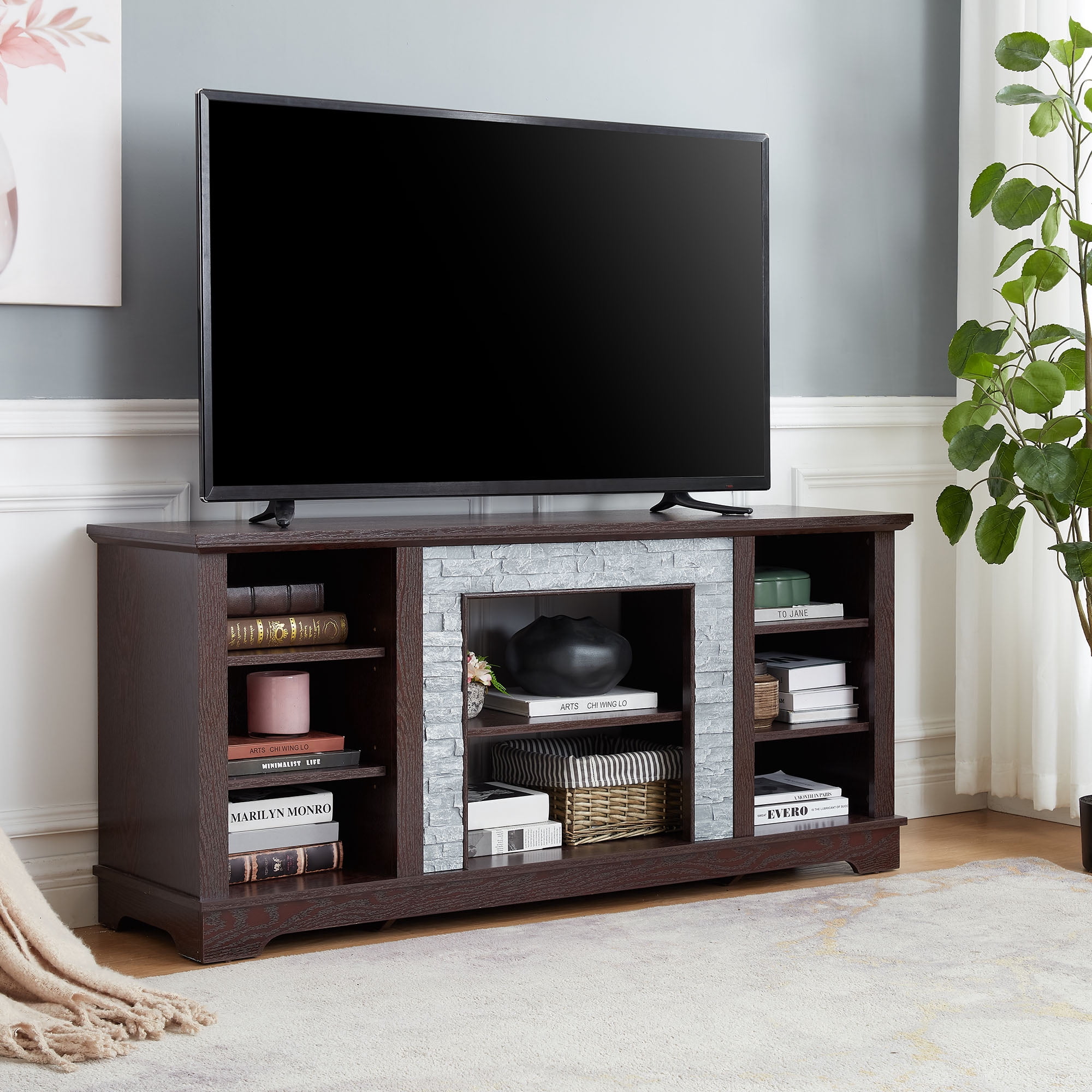 Modern TV Stand Faux Stacked Stone Classic Style Sturdy Entertainment ...